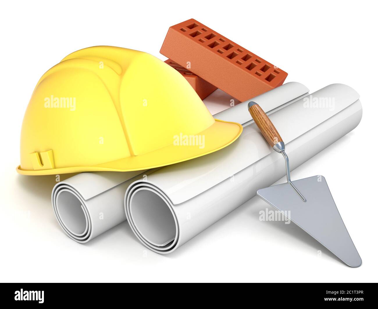 Hard helmet, trowel, bricks and drawings. Engineering concept. 3D Stock ...