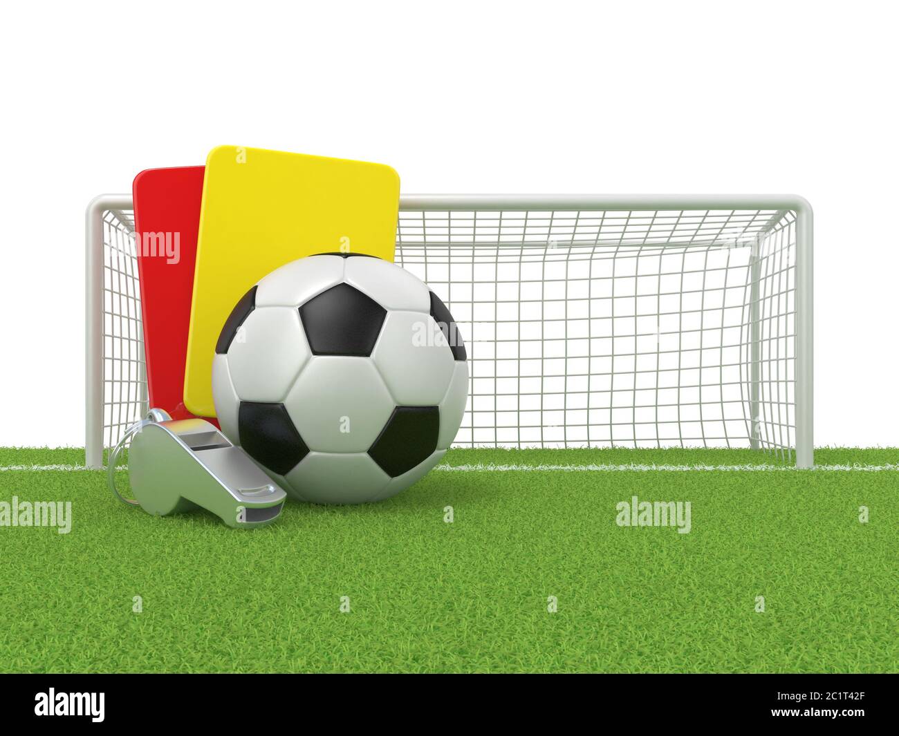 Football concept. Penalty (red and yellow) card, metal whistle and ...