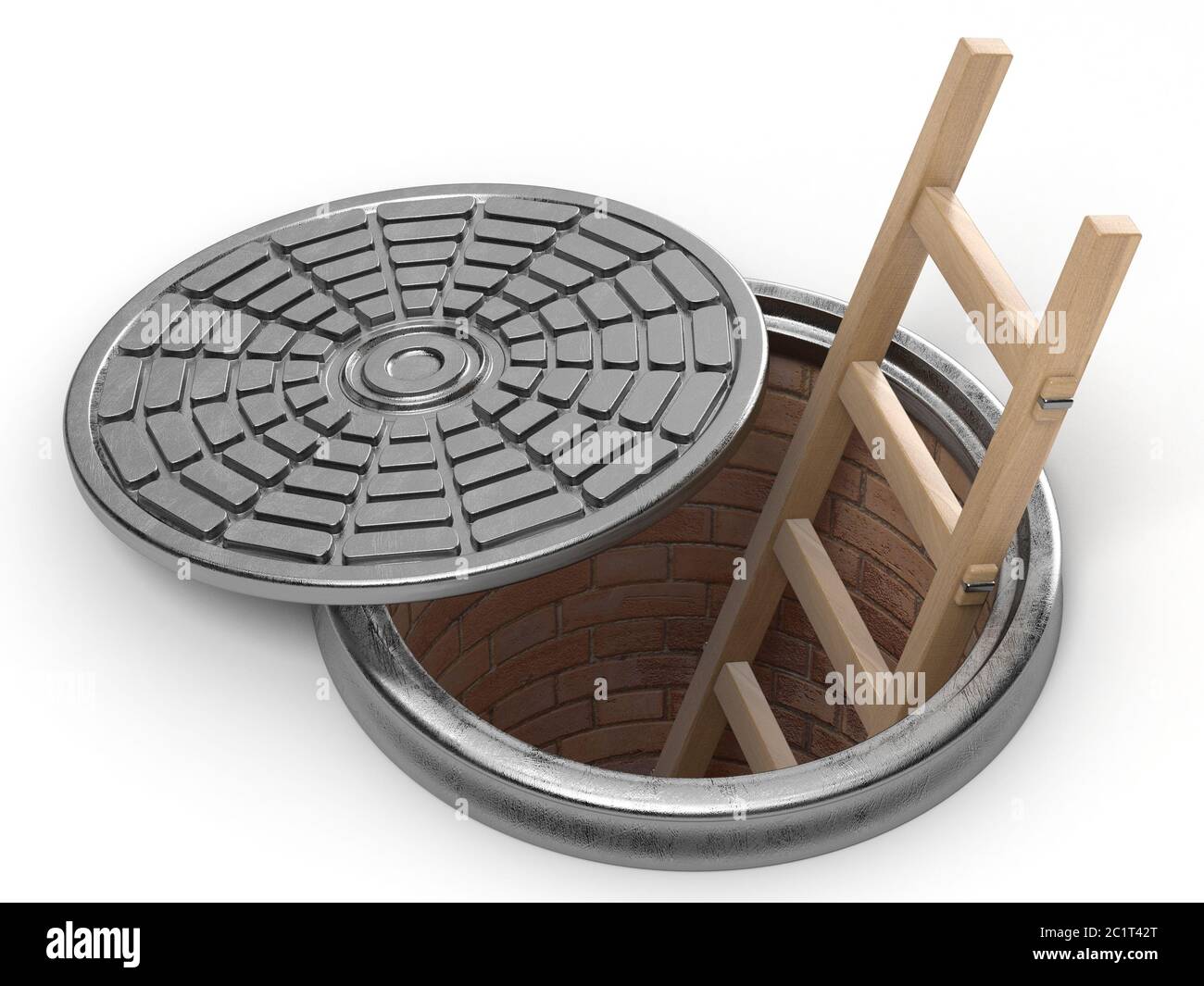Opened street manhole with wooden ladder inside. 3D Stock Photo - Alamy