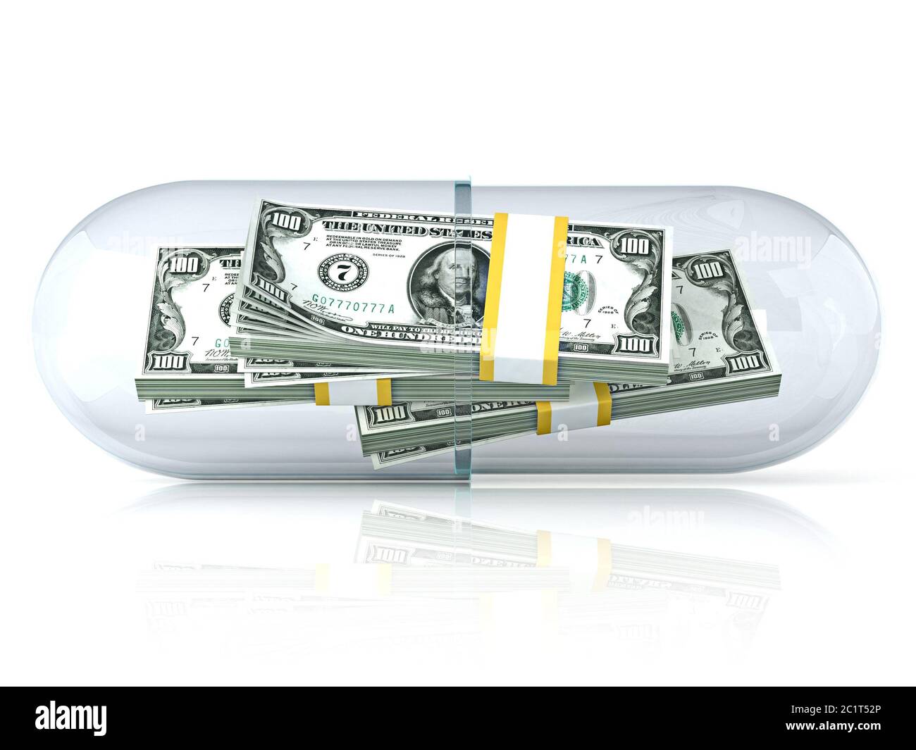 Transparent pill capsule, with dollars stack inside. Isolated on white ...