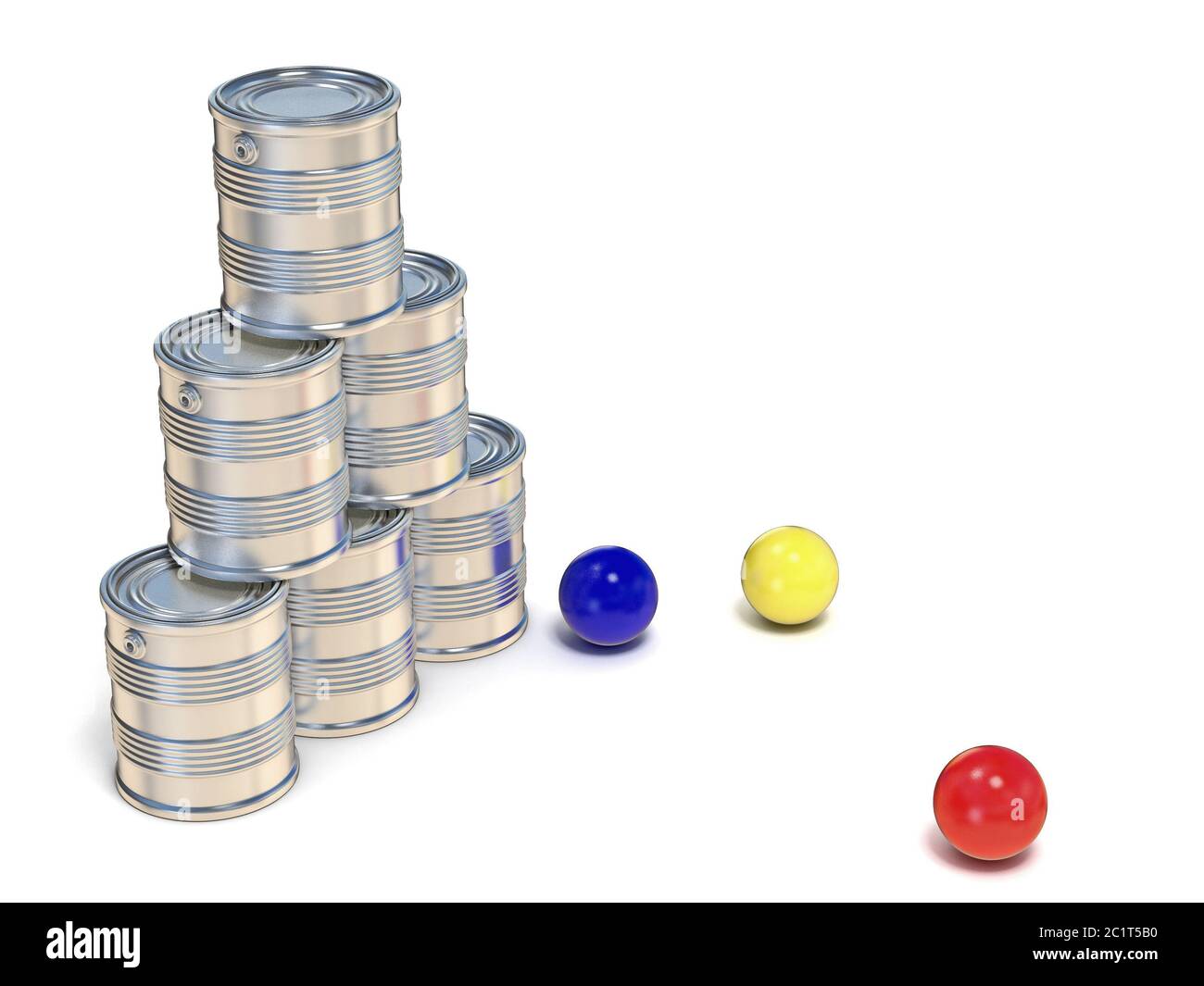 Tin cans and three balls. Side view. 3D Stock Photo - Alamy