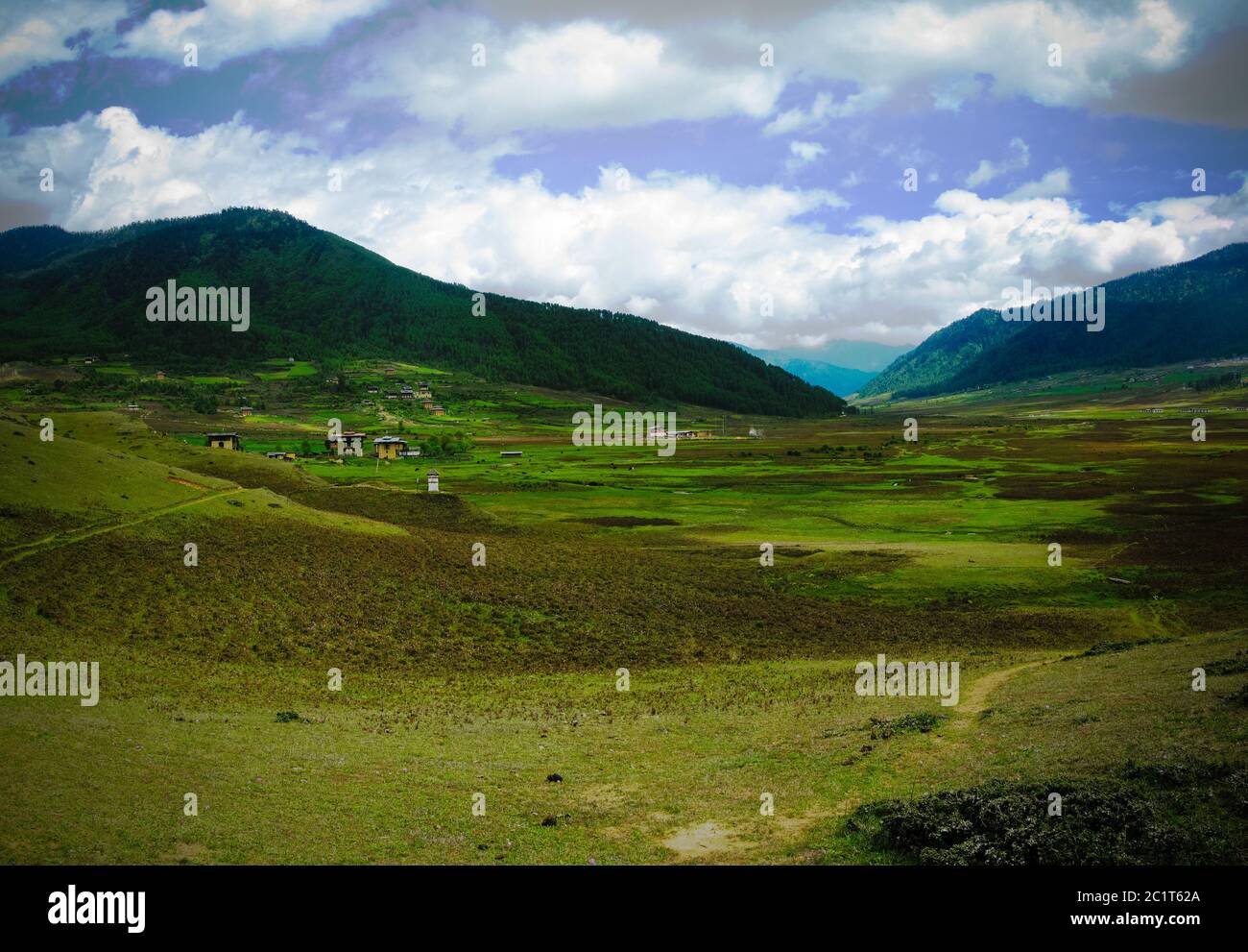 Landscape of mountain Phobjikha valley in Bhutan Himalayas Stock Photo ...