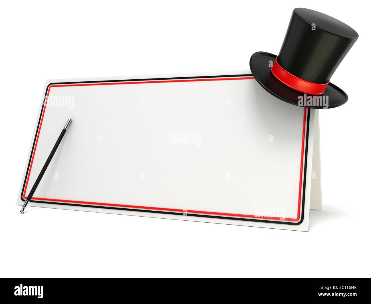 Magic wand and hat on blank board with black and red border. 3D Stock ...