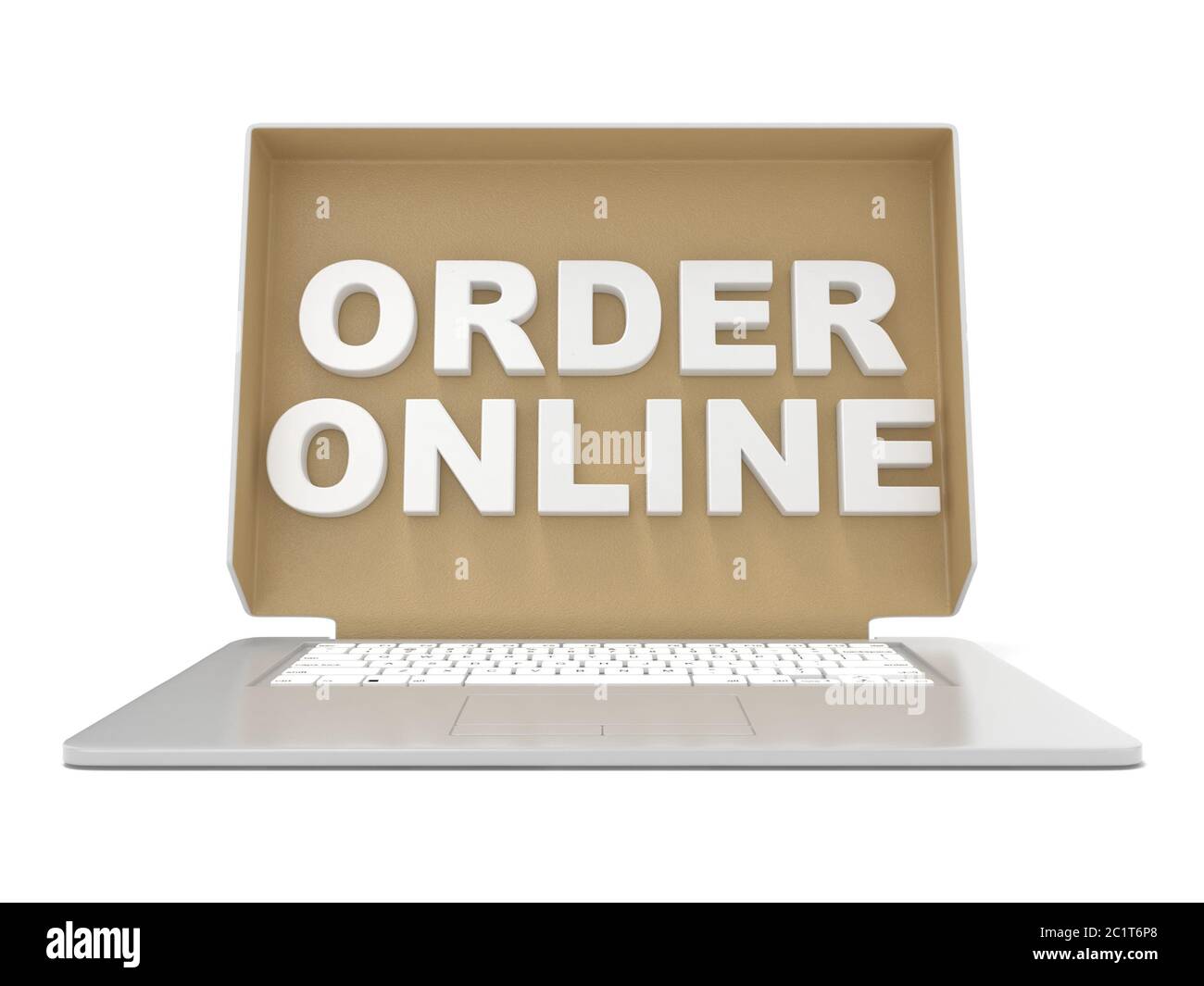 Cardboard box cover with ORDER ONLINE sign on laptop. Front view. 3D ...