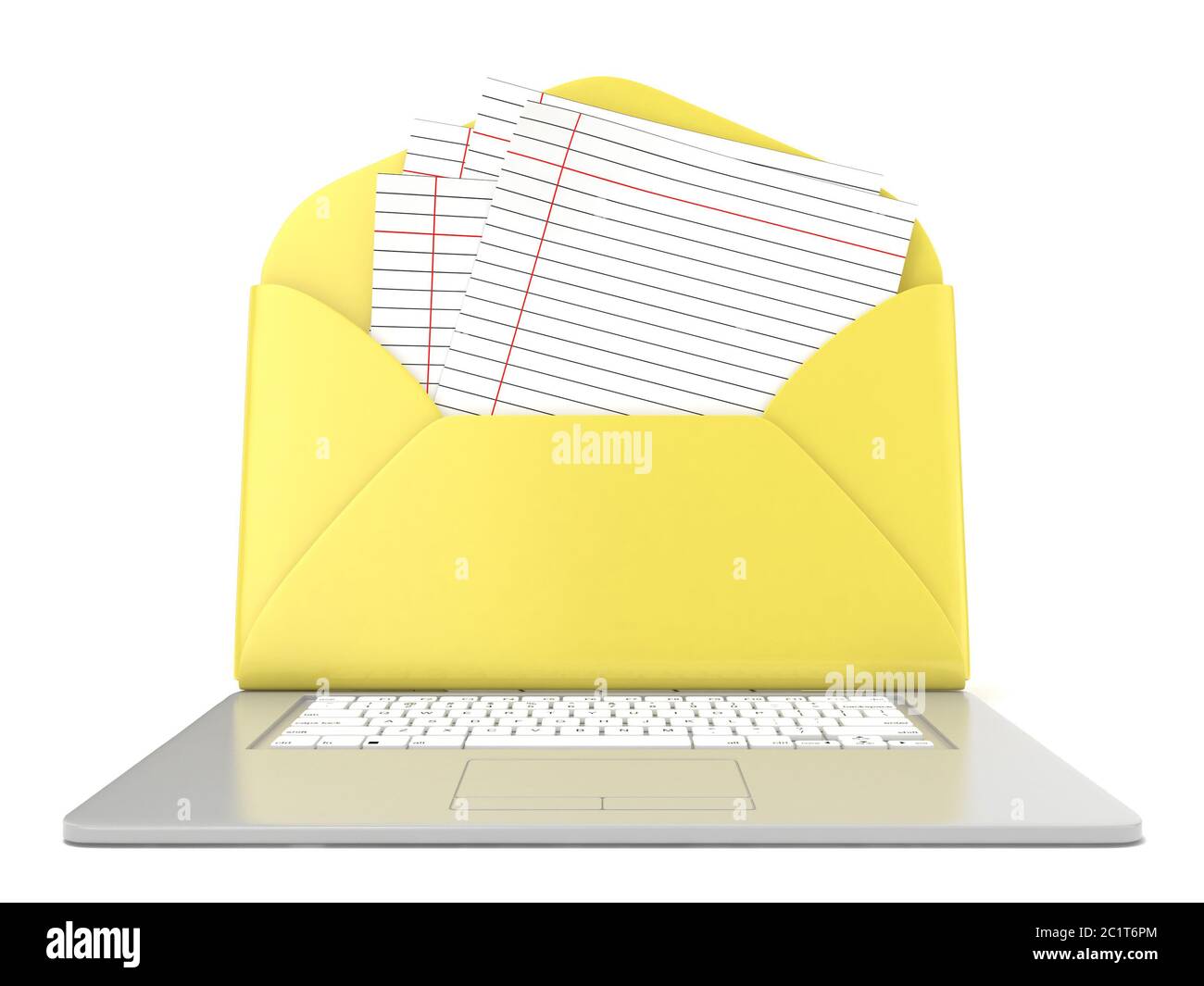 Open envelope and blank lined paper on laptop. Front view. 3D Stock ...