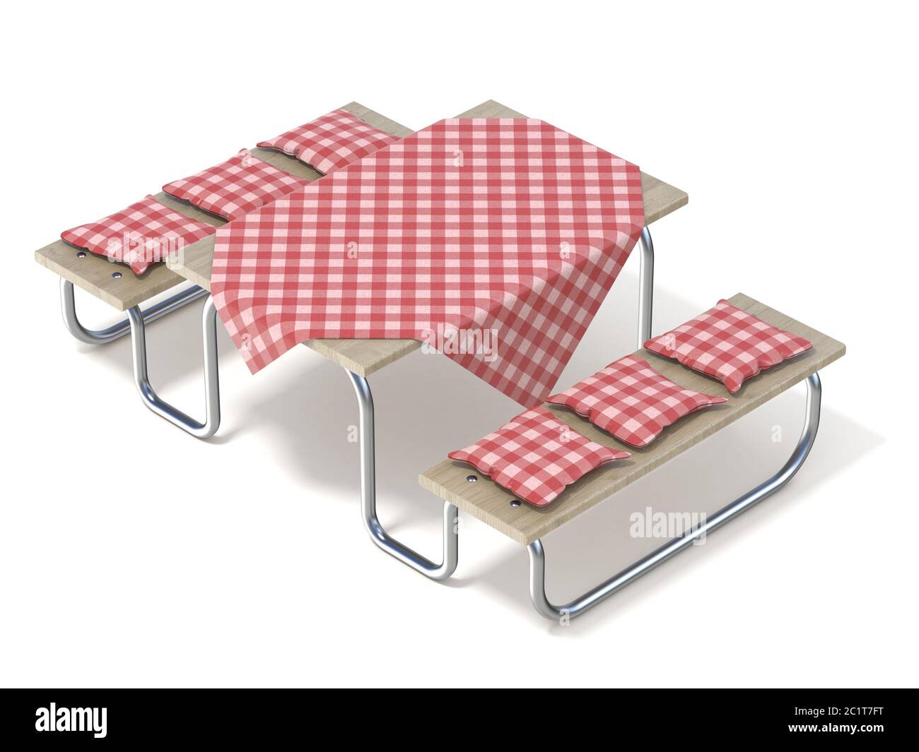 Picnic table with red table cover and pillows. 3D Stock Photo - Alamy