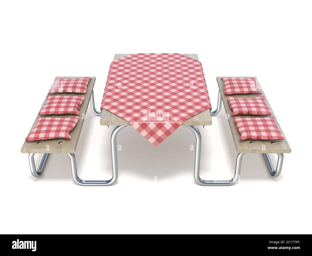 Picnic table with red table cover and pillows. 3D Stock Photo - Alamy