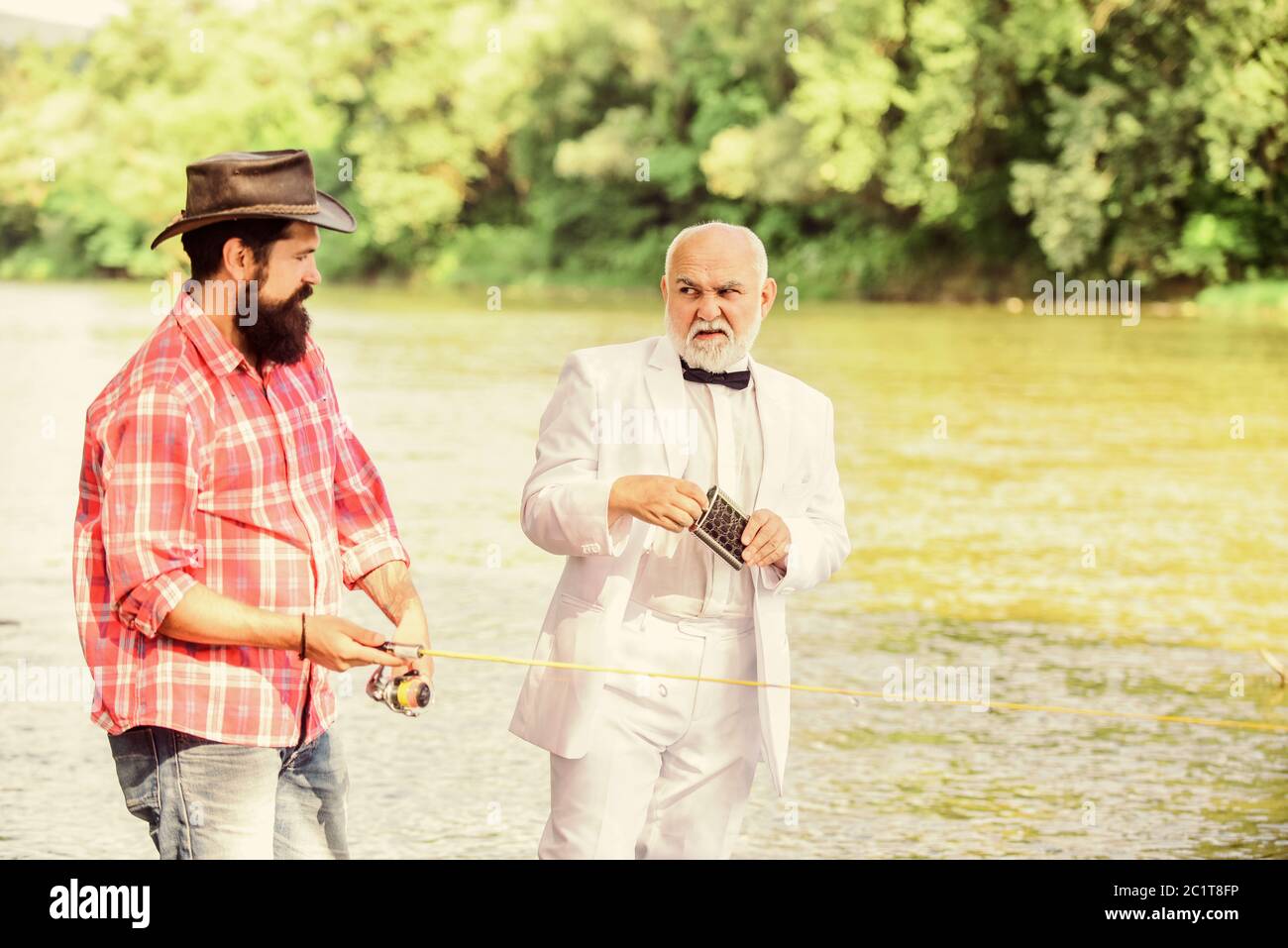 Fishing skills. Fish with companion who help in emergency. Men friends ...