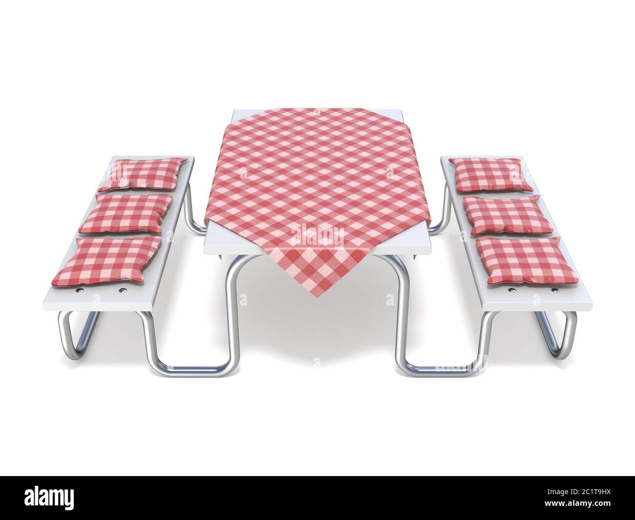 Picnic table with red table cover and pillows. 3D Stock Photo - Alamy
