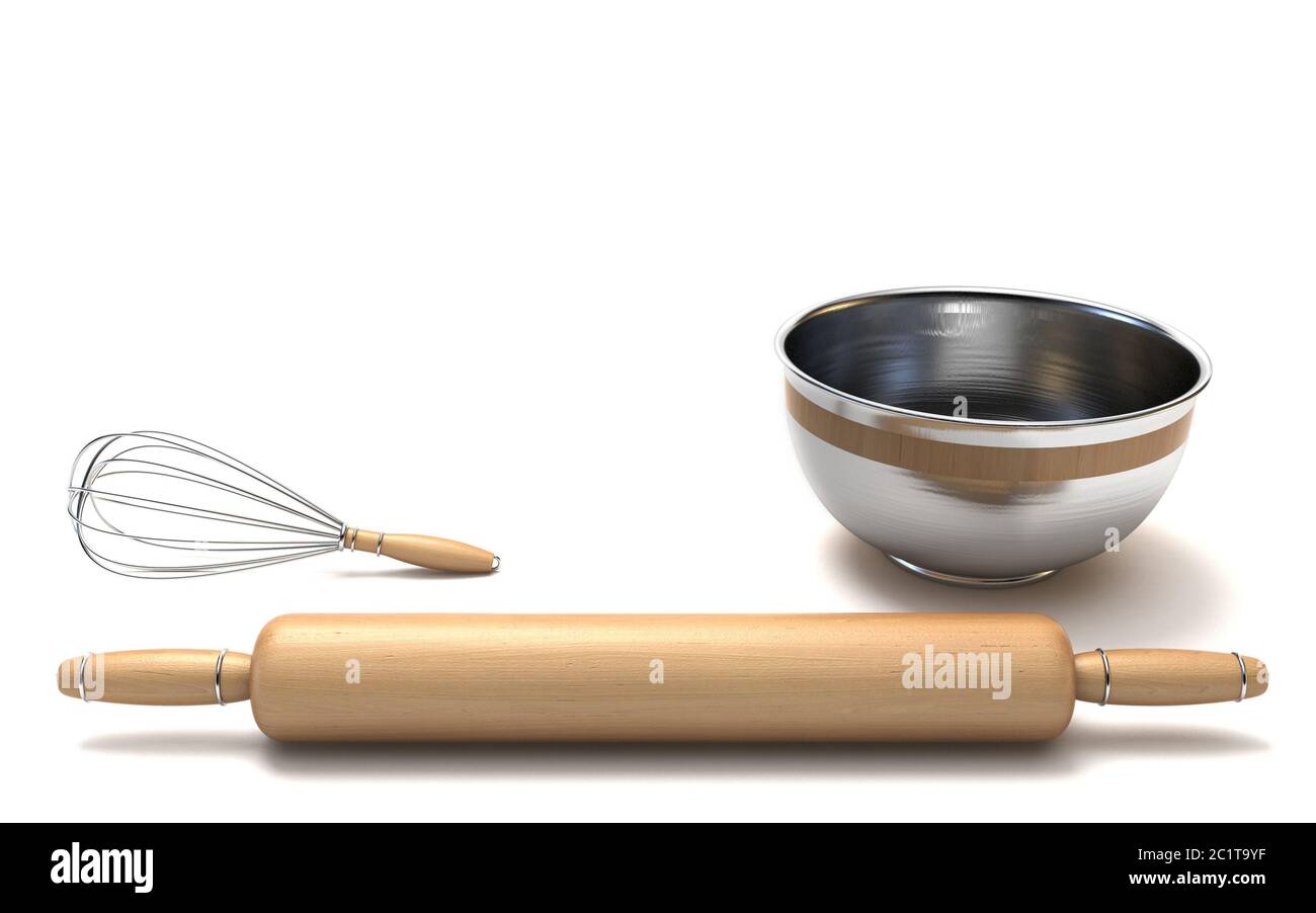 Wire whisk, wooden rolling pin and chrome bowl 3D Stock Photo - Alamy