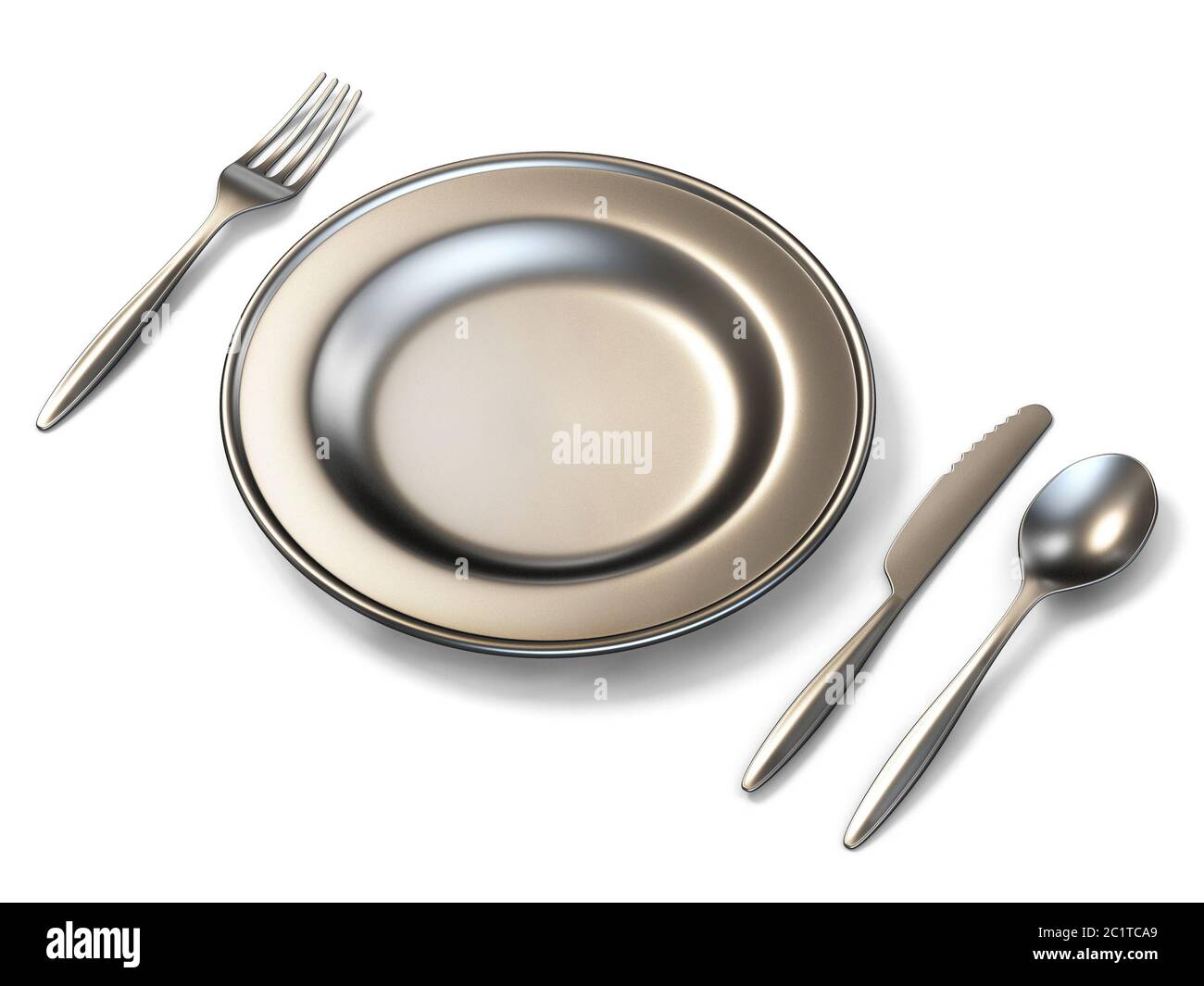 Metal plate, fork, knife and spoon side view 3D rendering Stock Photo ...