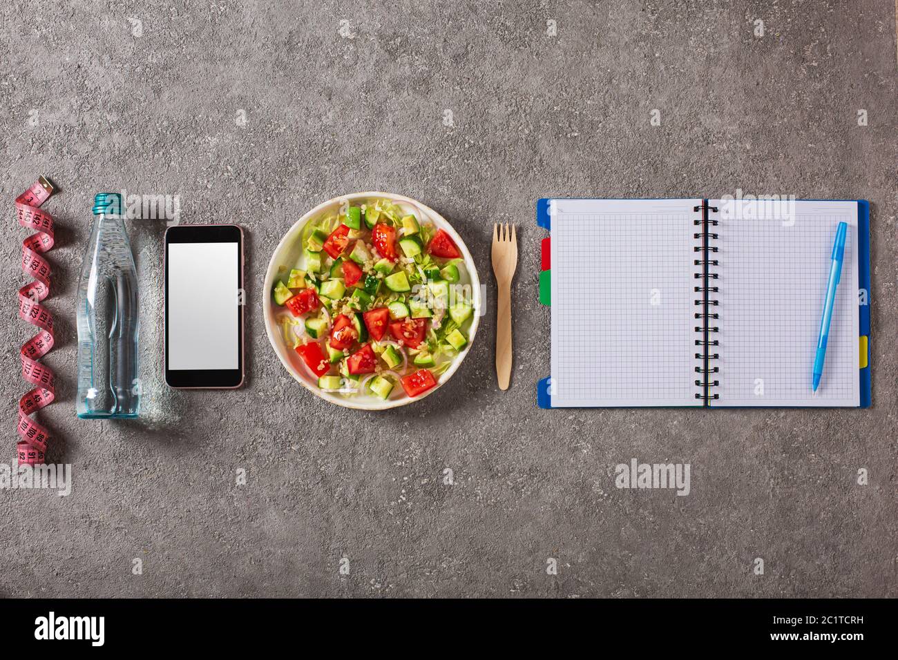 Diet nutrition plan with clean foods and water. top view Stock Photo ...