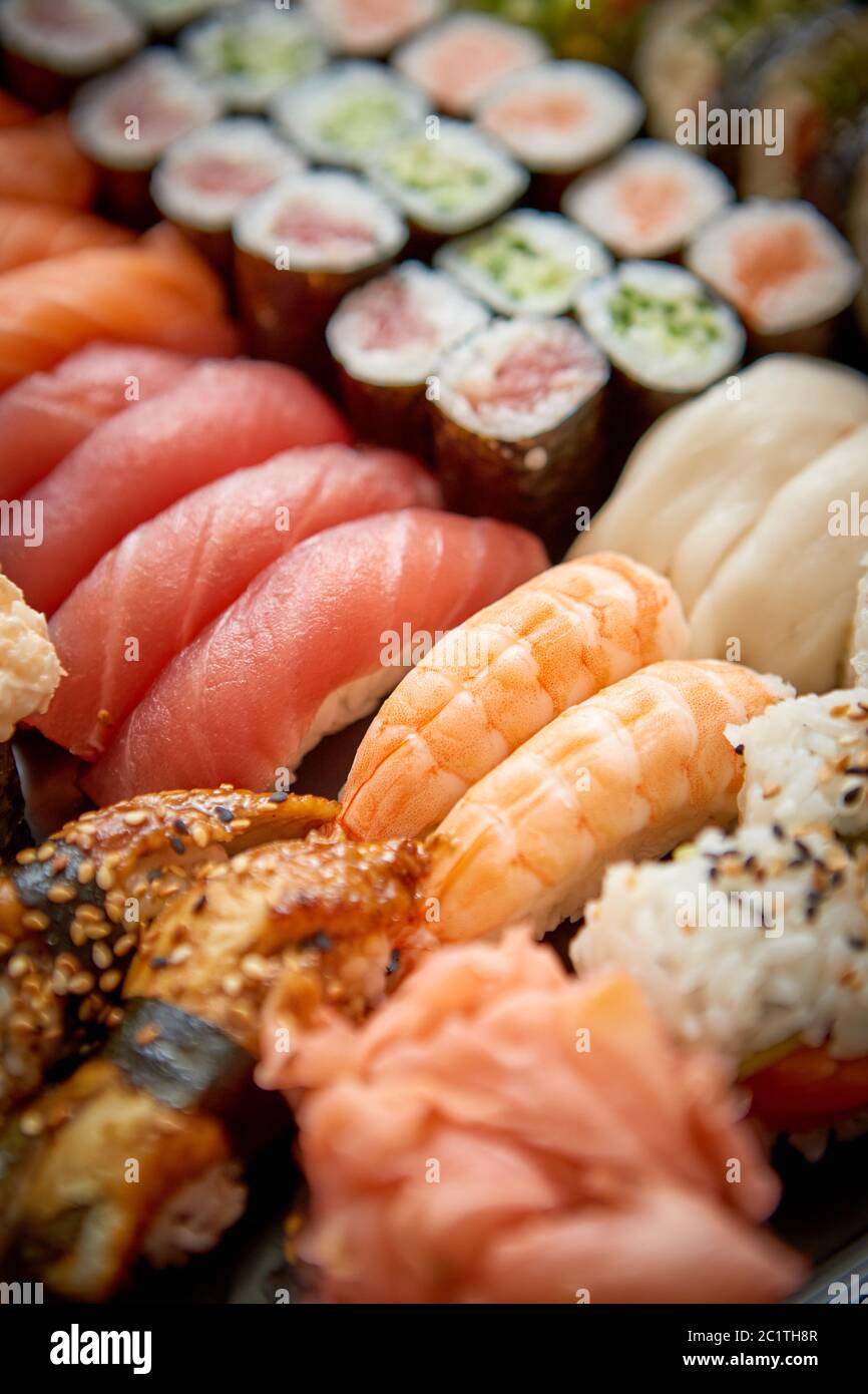 Close up of various types of japanese fresh prepared sushi Stock Photo ...