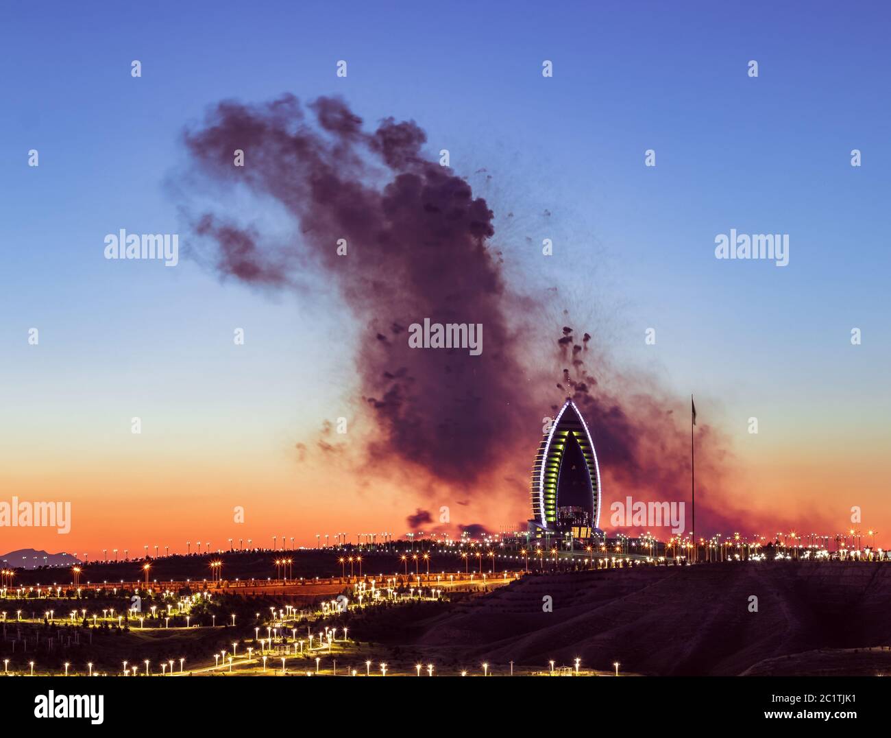 smoke and pollution after fireworks over the 5-star hotel Stock Photo ...