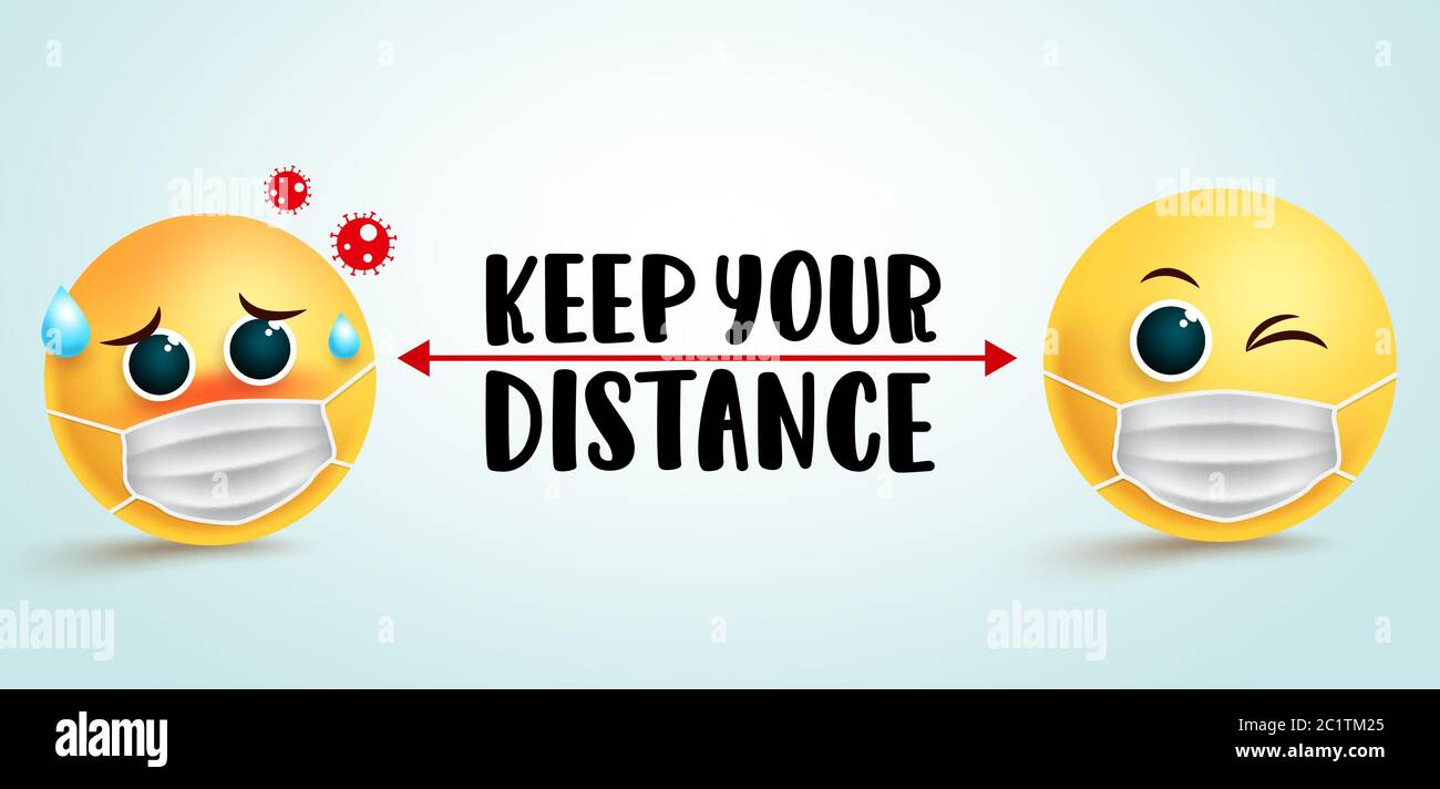 Smiley emoji social distancing vector signage banner. Keep your ...