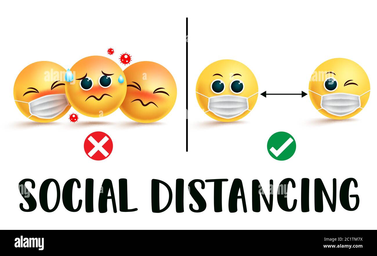 Smiley emojis social distancing vector sign. Social distancing text ...