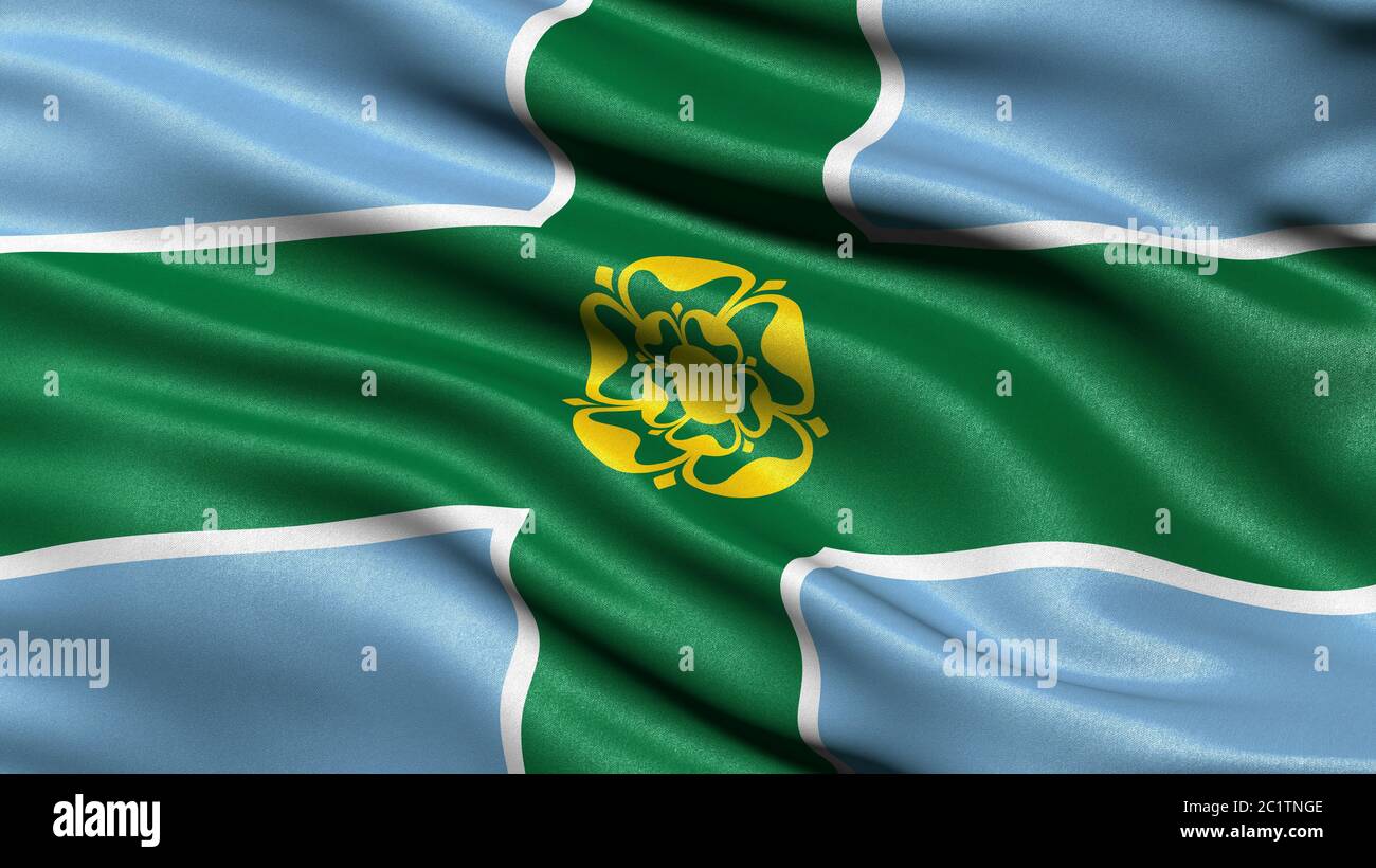 Flag of Derbyshire waving in the wind. 3D illustration Stock Photo - Alamy