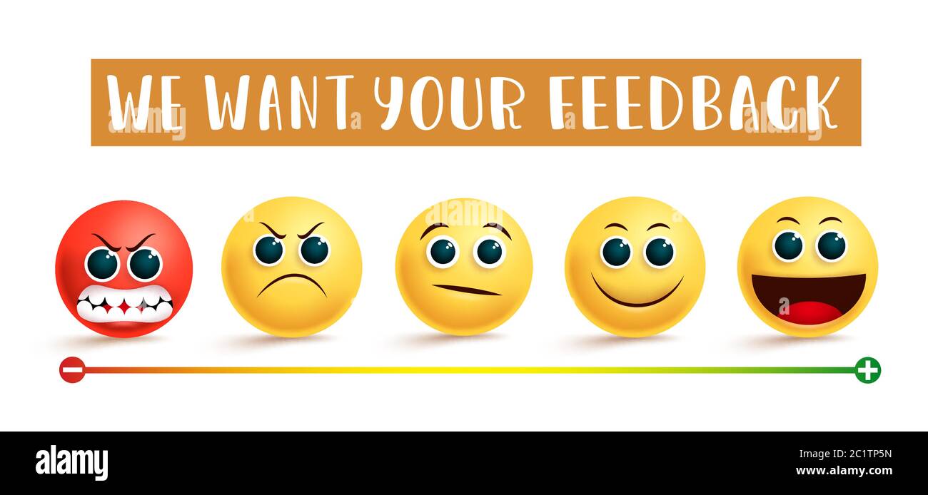 Smiley emoji customer feedback vector banner concept. We want your ...