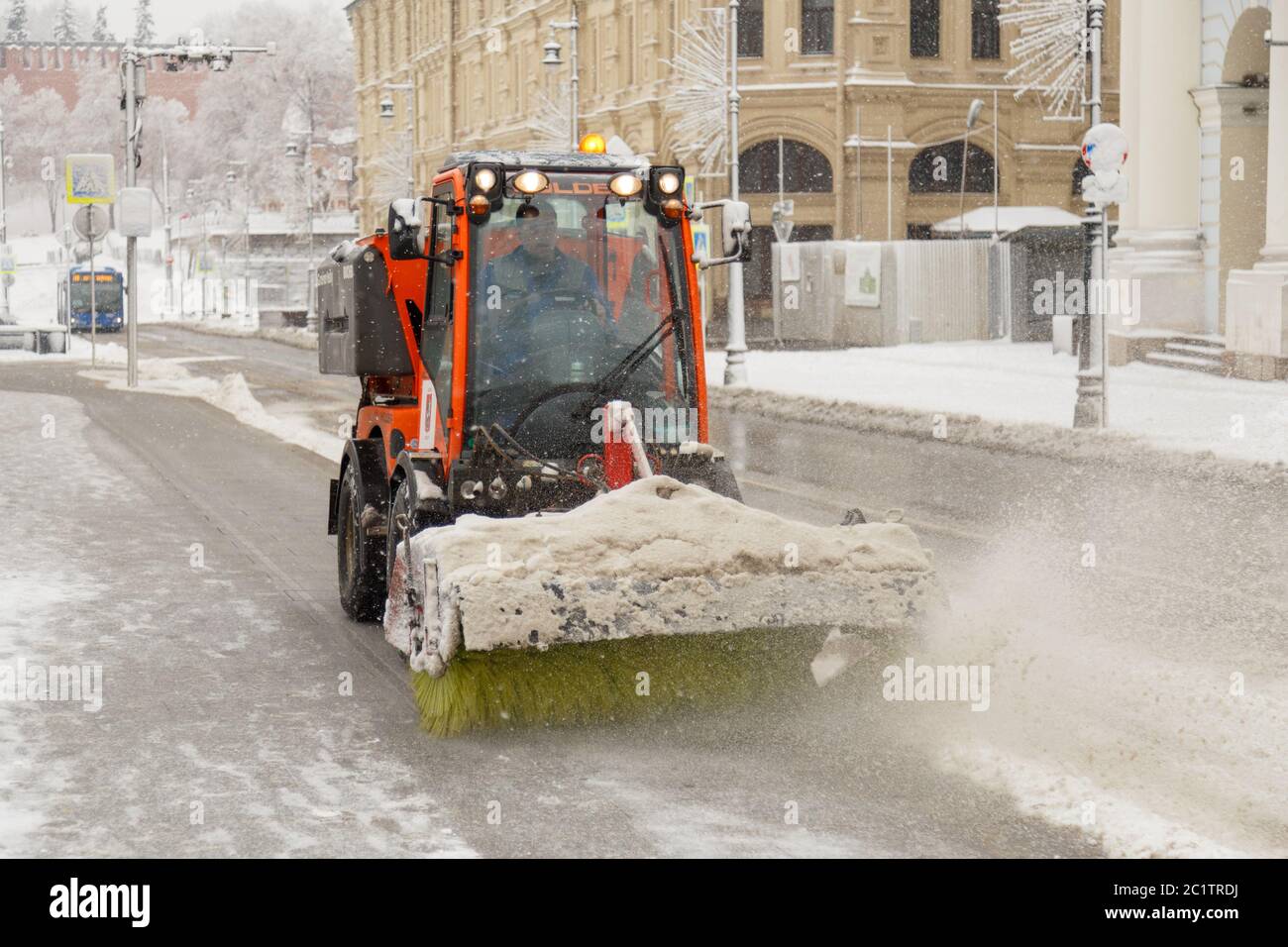 MOSCOW, RUSSIA - FEBRUARY 13,2019: Snow plow cleaning snow from city ...