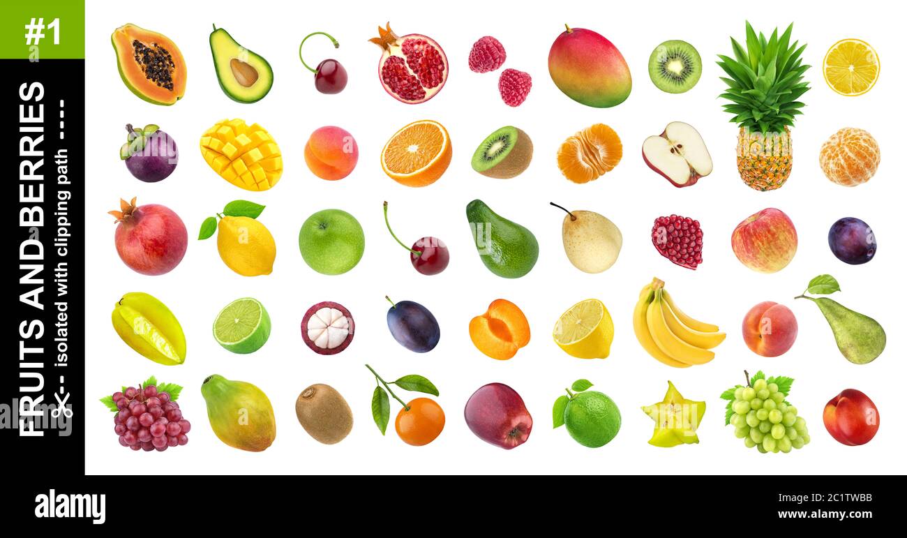 Tropical fruits. Collection of different exotic fruits and berries ...
