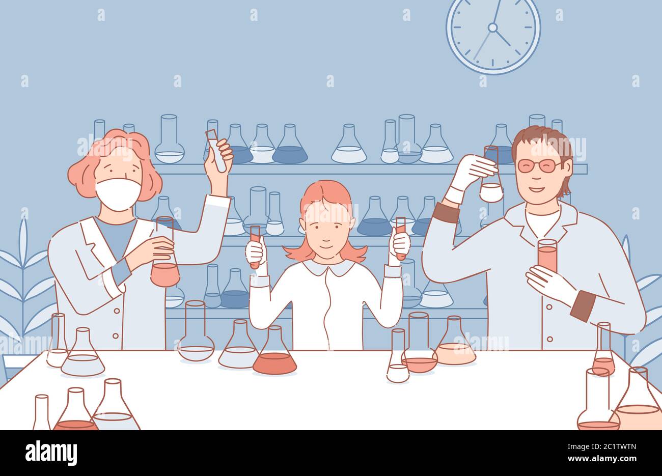 Woman, man, and girl in laboratory making chemical or medicine analysis ...