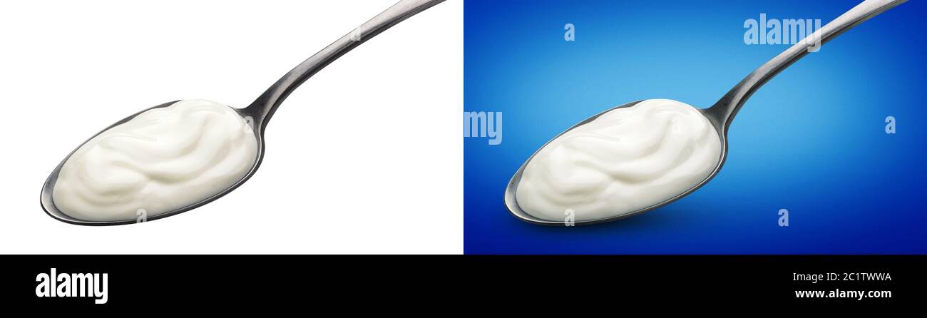 Spoon of sour cream isolated on white and blue backgrounds Stock Photo ...