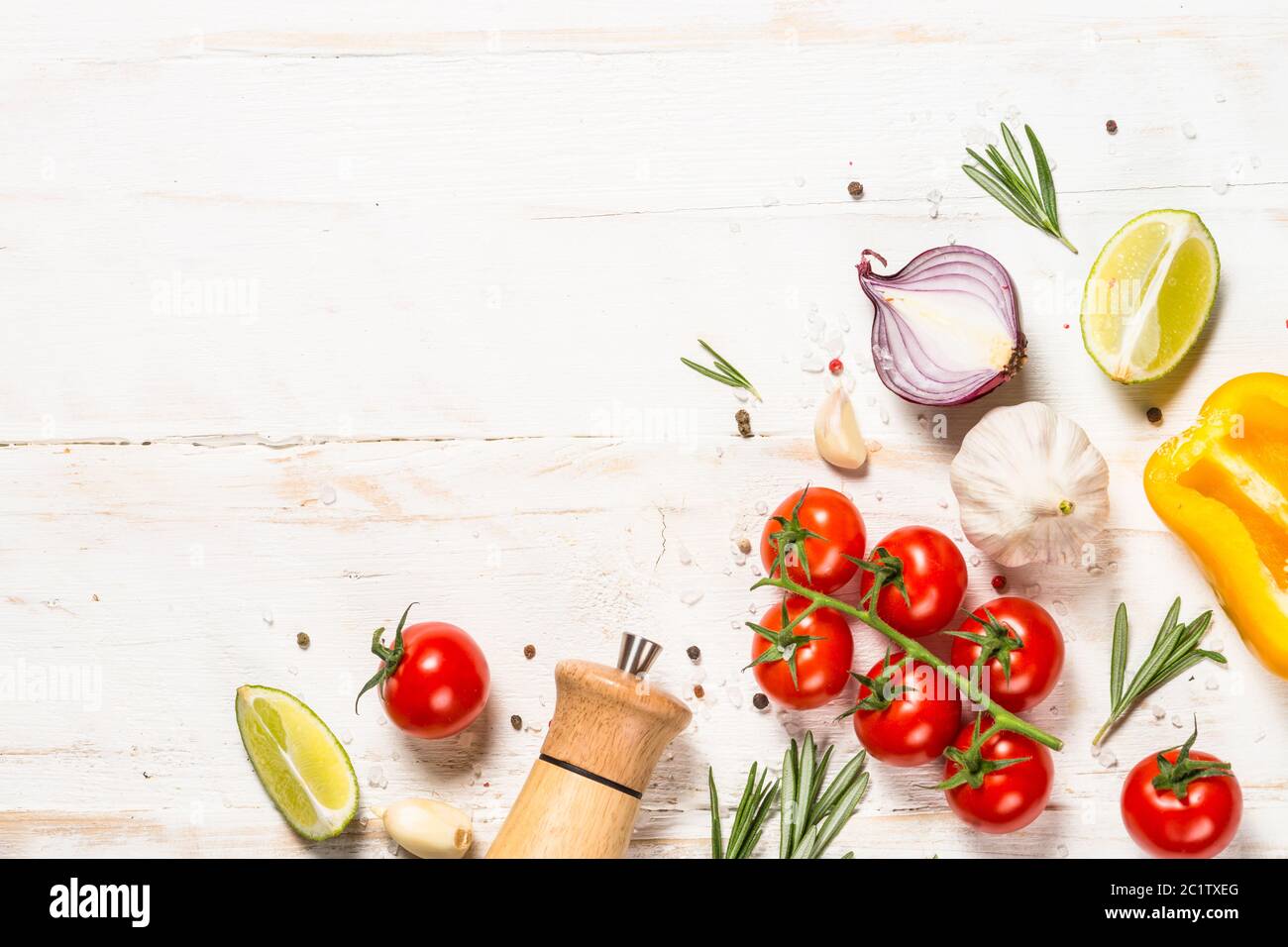 Food cooking background on white wooden table Stock Photo - Alamy
