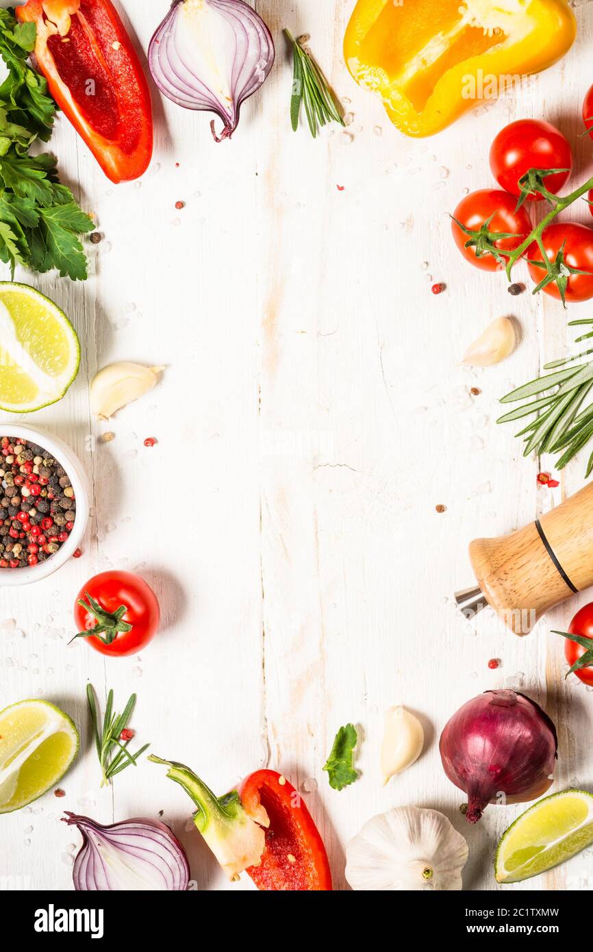 Food cooking background on white wooden table Stock Photo - Alamy