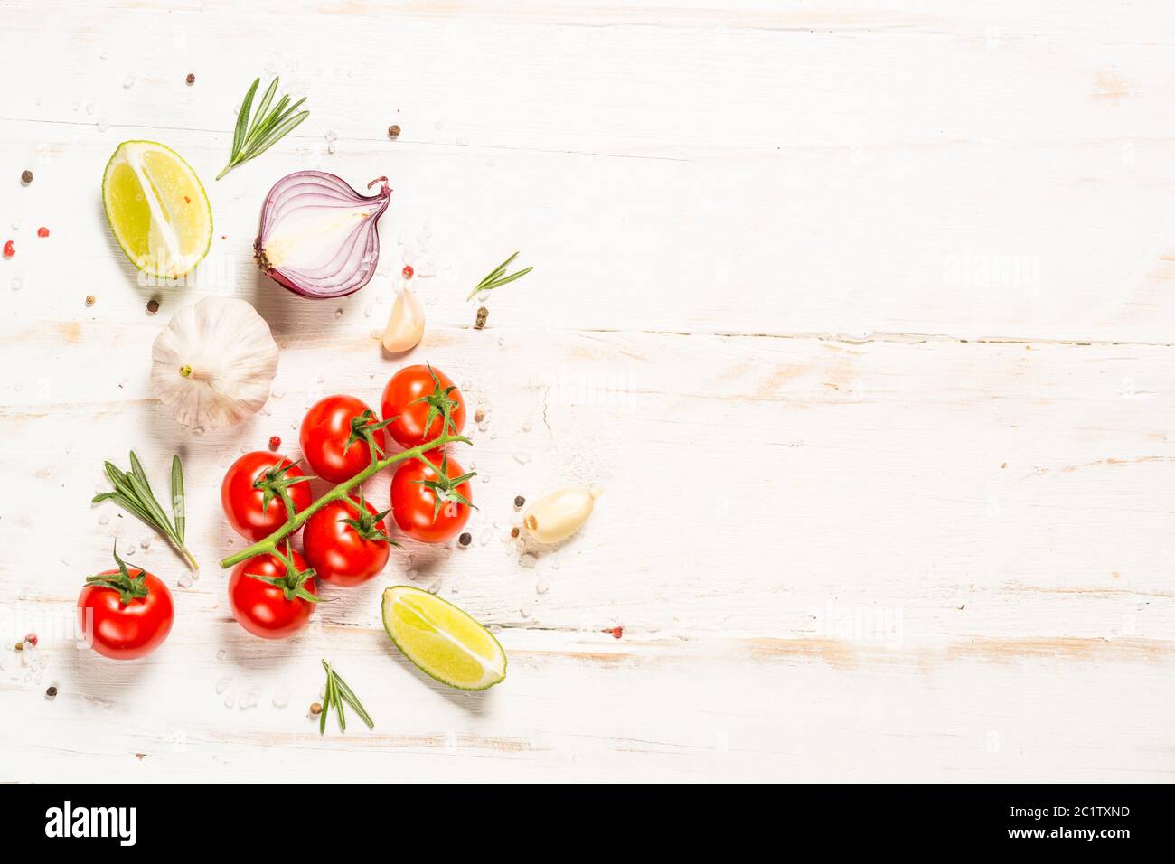 Food cooking background on white wooden table Stock Photo - Alamy