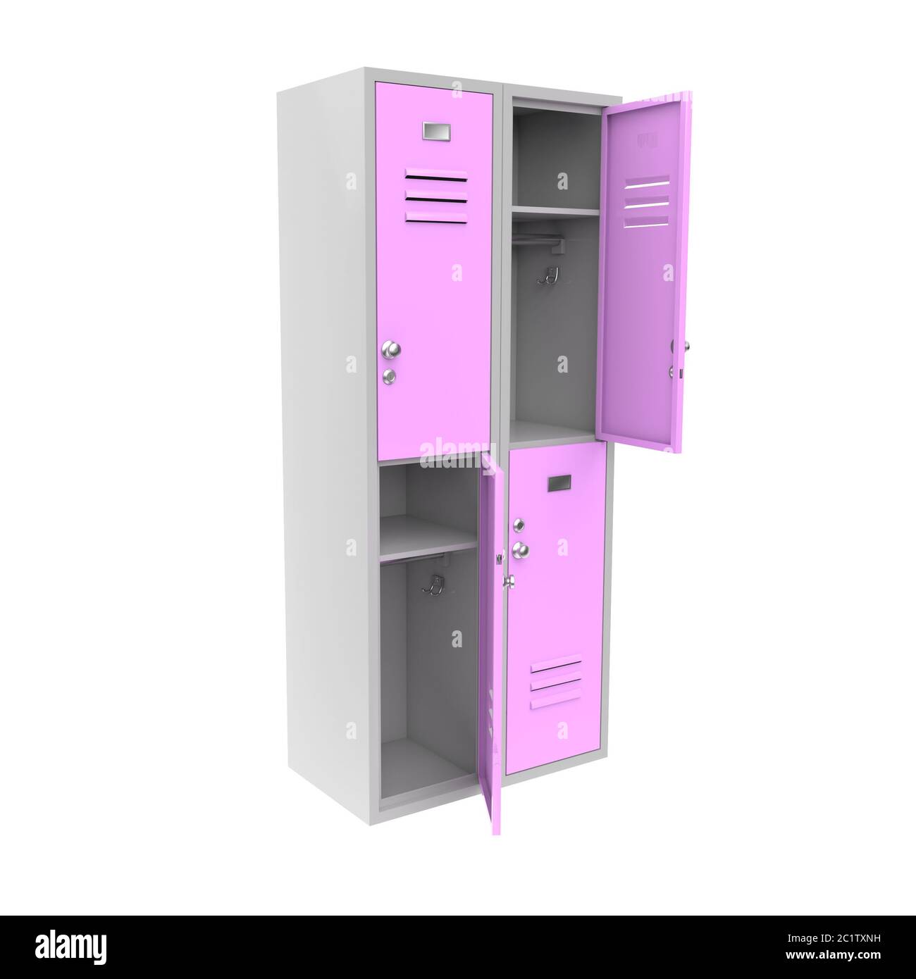 Pink metal locker with open doors. Two level compartment. 3d rendering ...