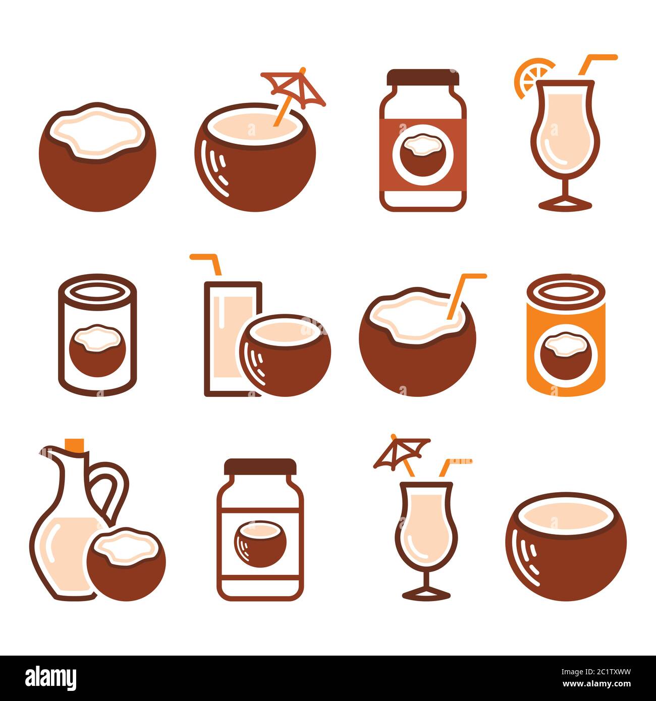 Coconut milk, oil, cocktail - vector healthy food icons set Stock ...