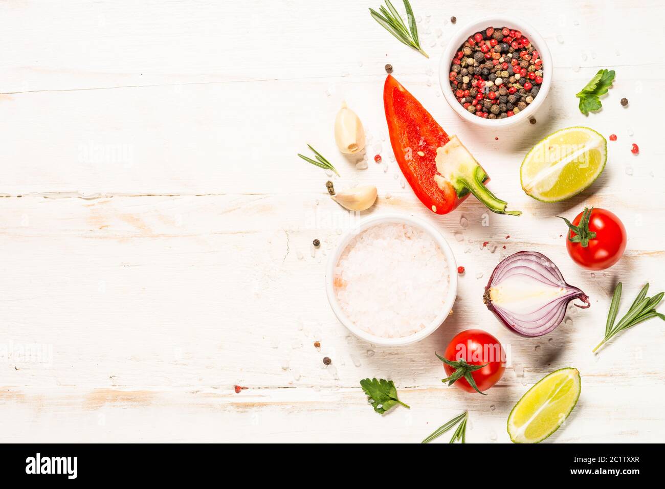 Food cooking background on white wooden table Stock Photo - Alamy