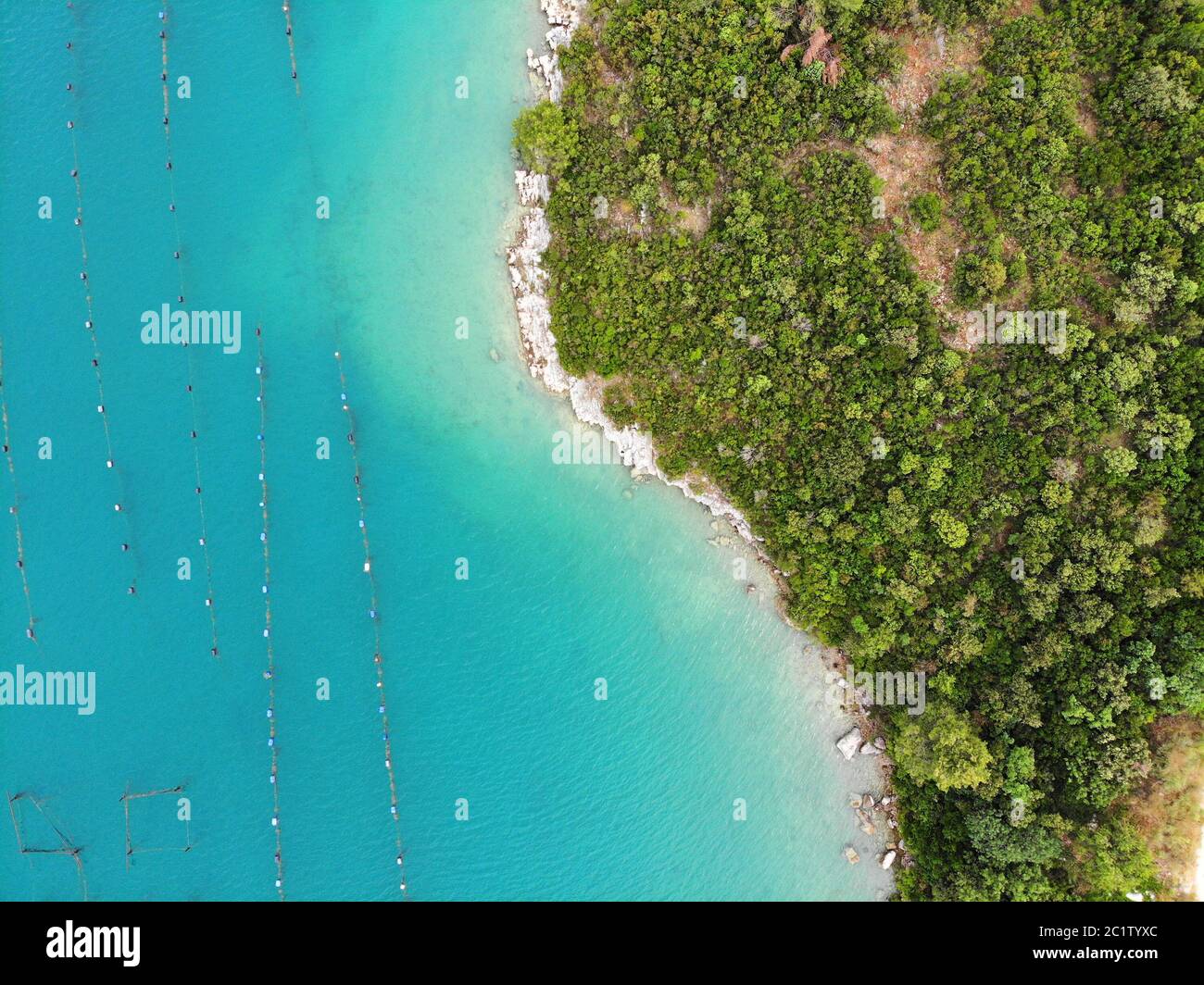 Croatia oyster farms - aerial view of shellfish farming near Mali Ston ...