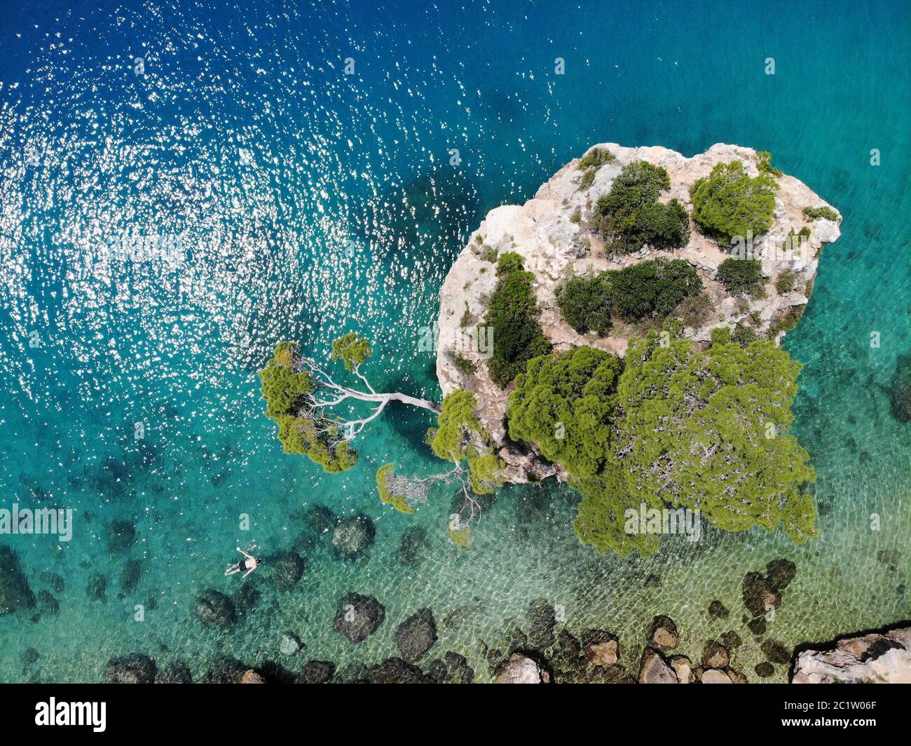 Brela Rock, Croatia. Rock covered with trees near Makarska Riviera ...