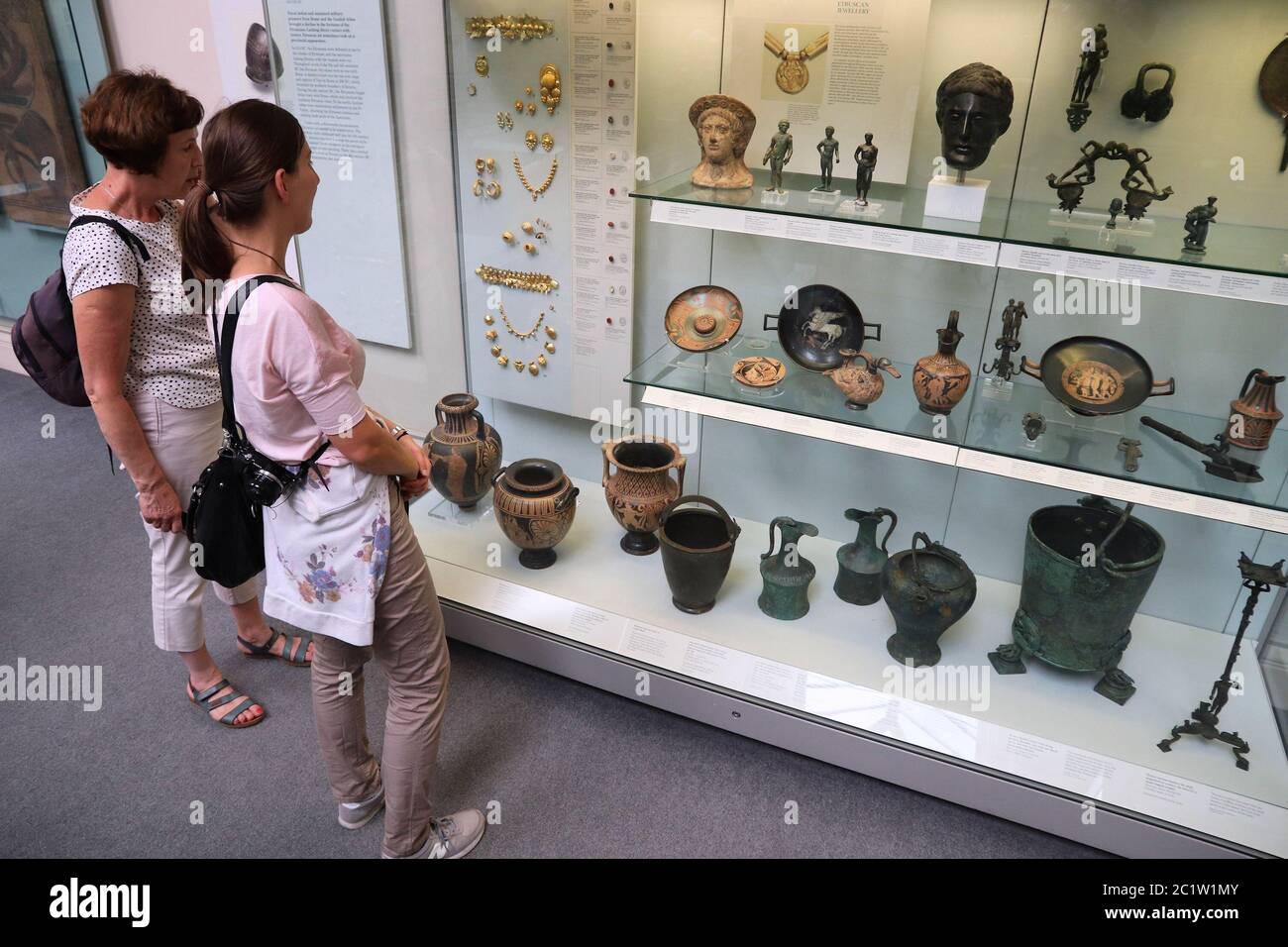 LONDON, UK - JULY 14, 2019: Tourists visit Etruscan artifacts in ...