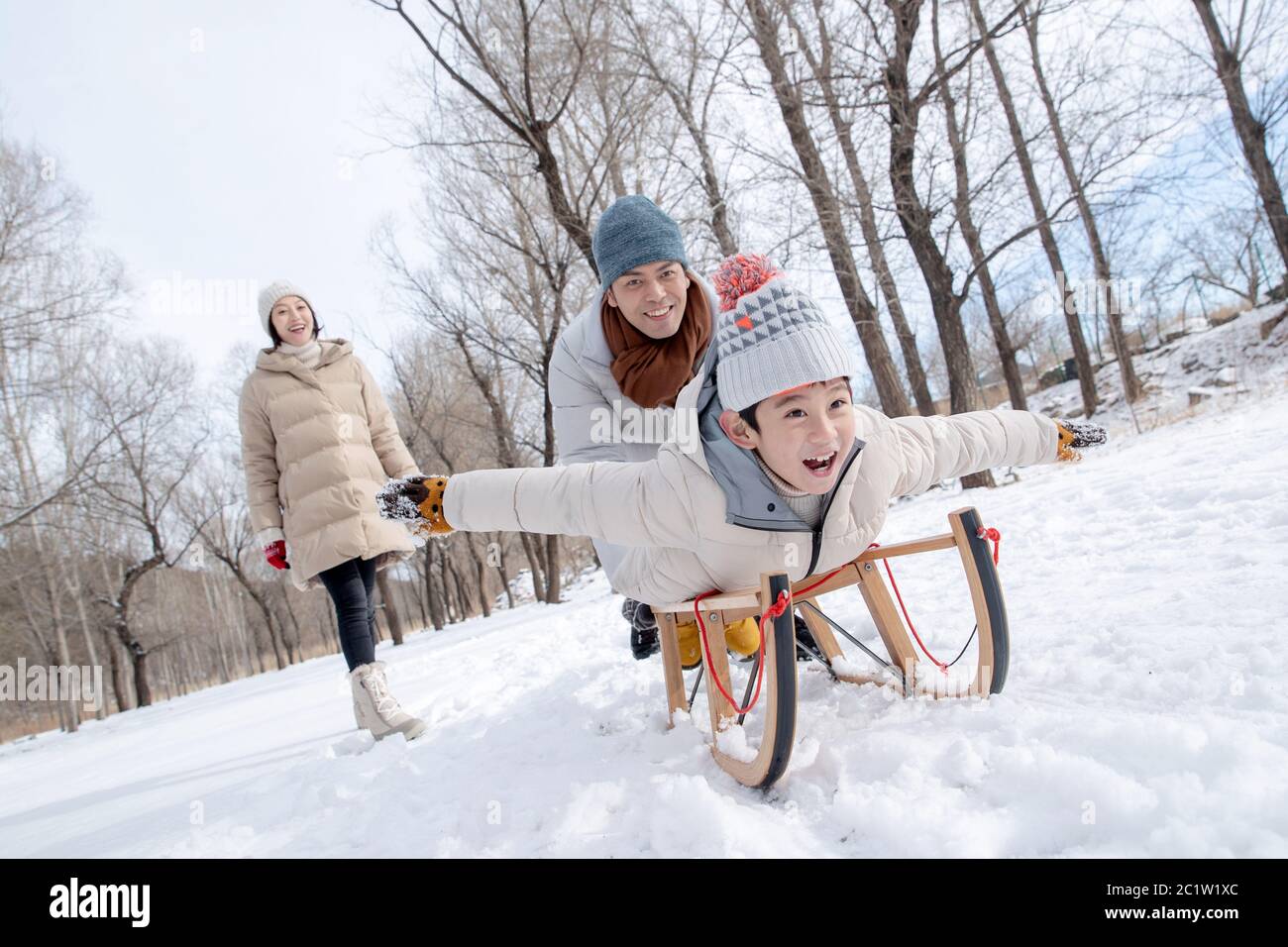 Playing in the snow sled family Stock Photo - Alamy