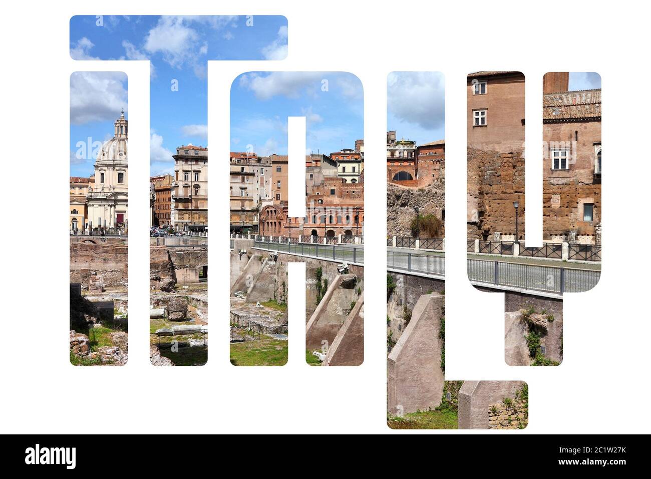 Italy - country name sign with Rome photo in background. Isolated on ...