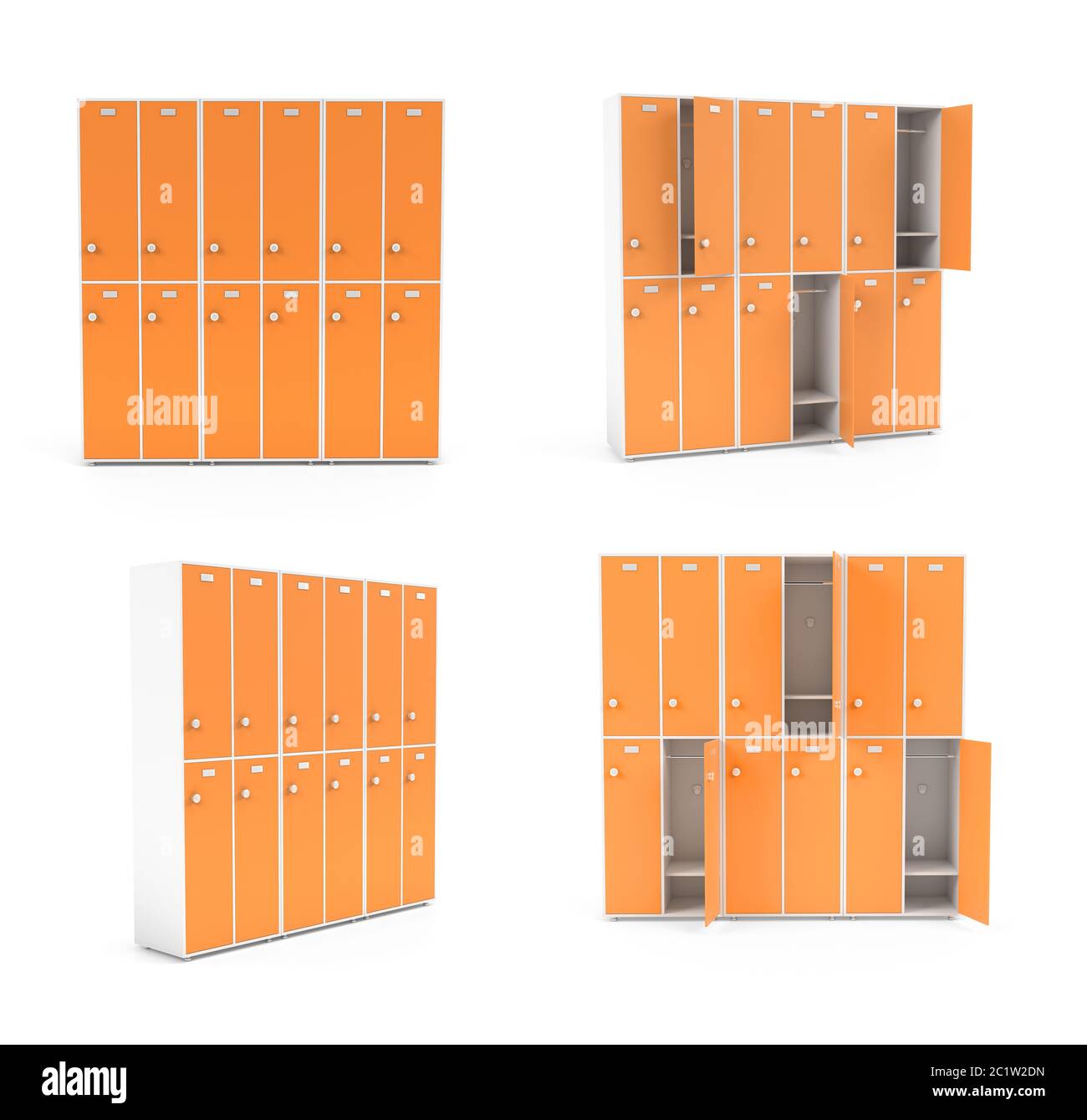 Orange lockers for schoool or gym. Set of closed and open sections ...