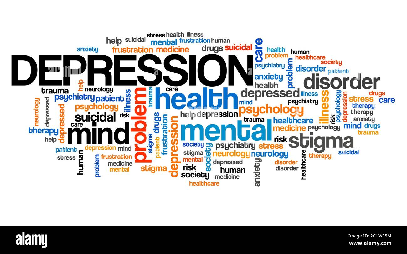 Depression issues. Mental health word cloud sign Stock Photo - Alamy