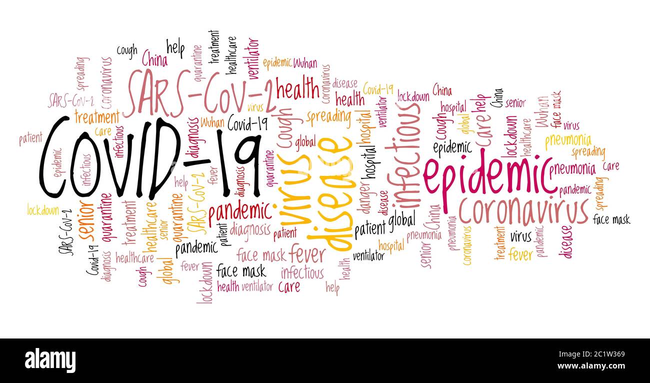 Covid-19 epidemic word cloud text sign. Coronavirus pandemic words ...