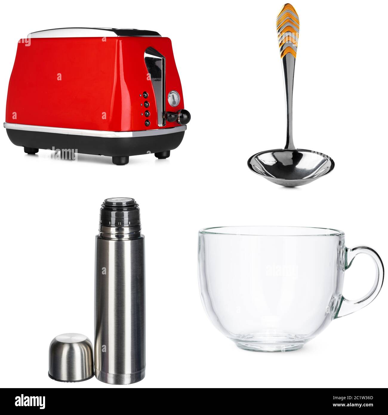 Collage of toaster and crockery on white background Stock Photo - Alamy