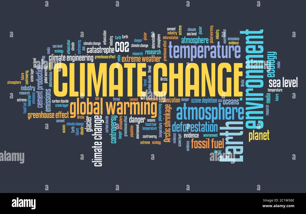 Climate change text cloud. Environment and global warming issues Stock ...