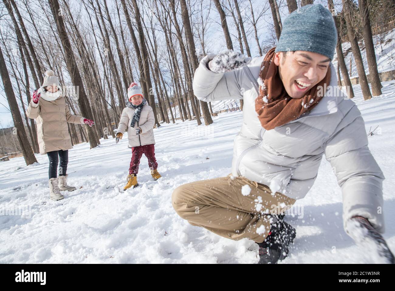 Snowball fights in the happy family Stock Photo - Alamy