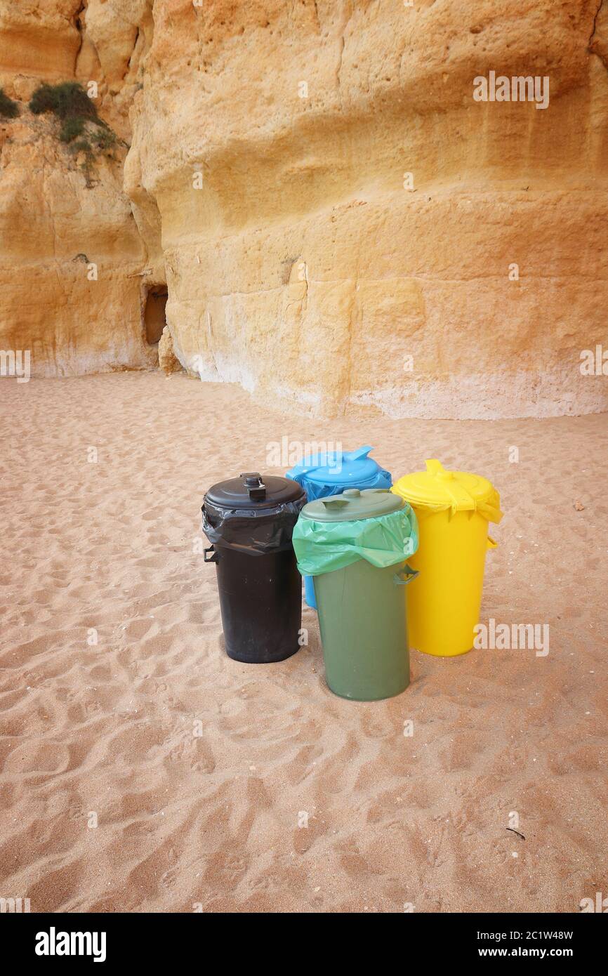 Waste sorting containers at a public beach in Algarve, Portugal ...