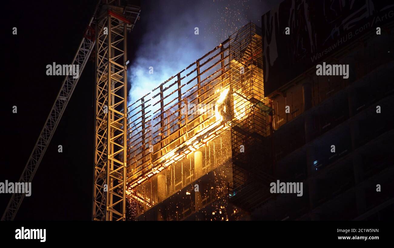 Emergency Fire on a high-rise office building during the night Stock ...