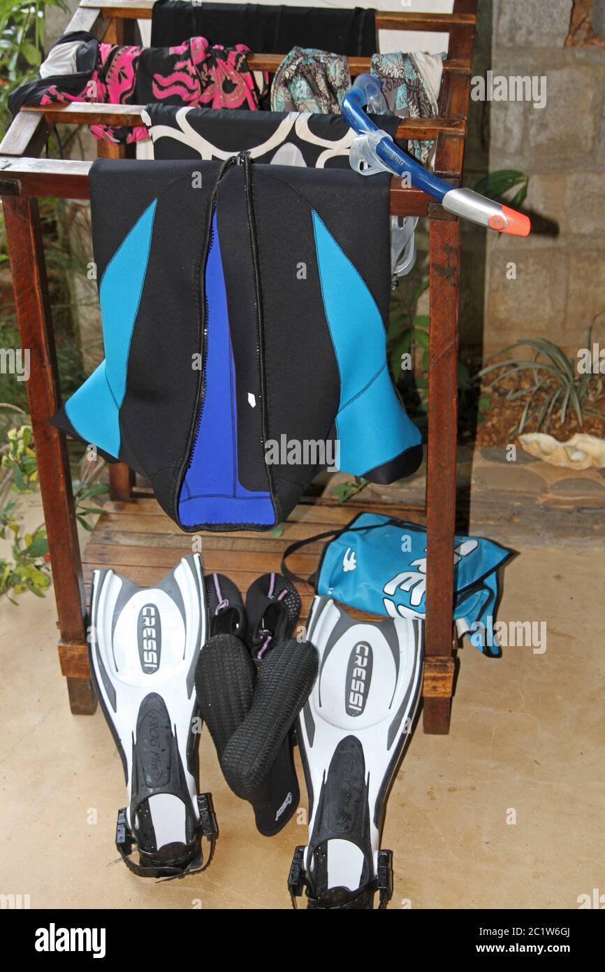 Tourist's scuba diving gear drying on drying rack, 293 On Komba Guest ...