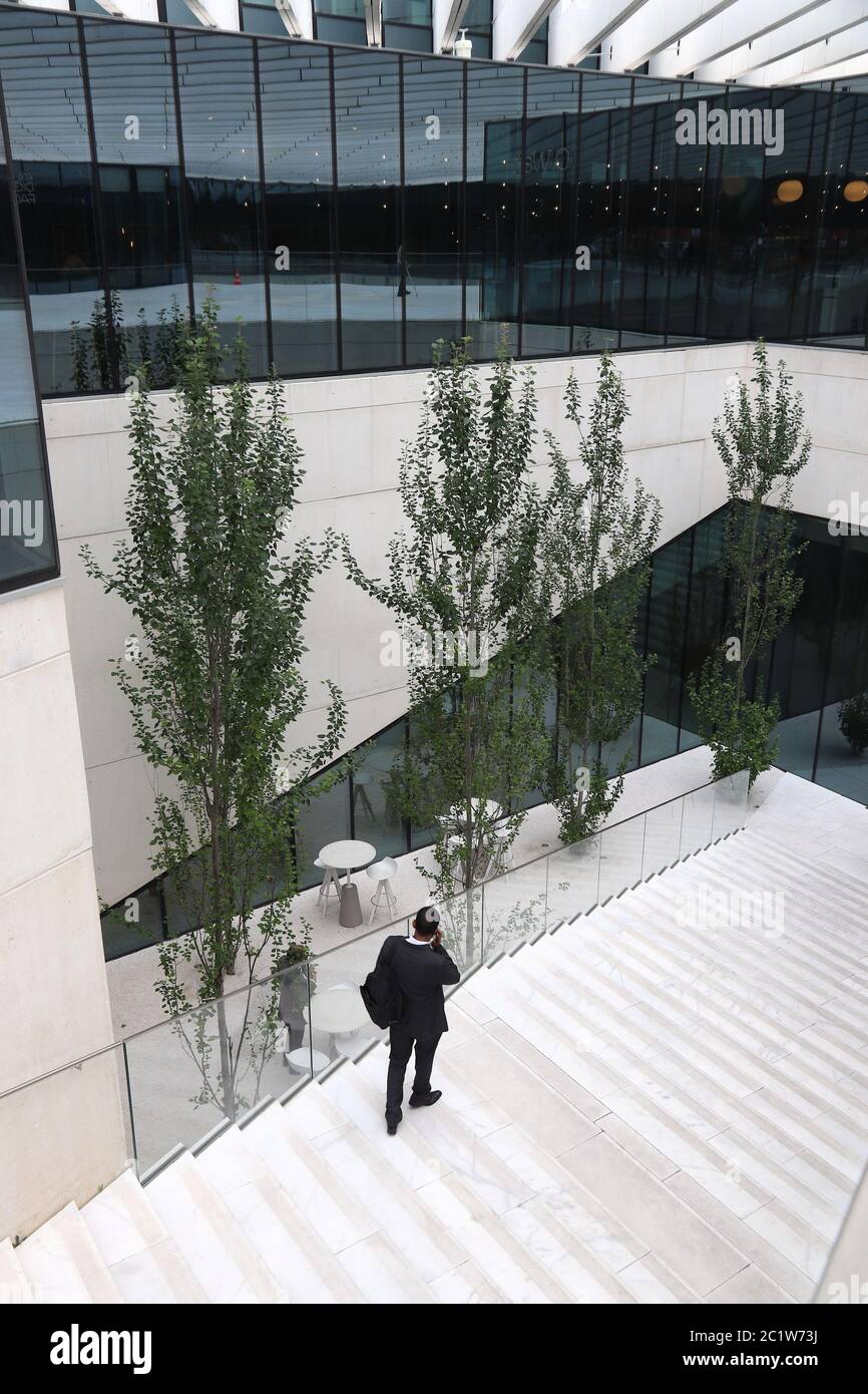 LISBON, PORTUGAL - JUNE 6, 2018: Person visits EDP Energias de Portugal ...