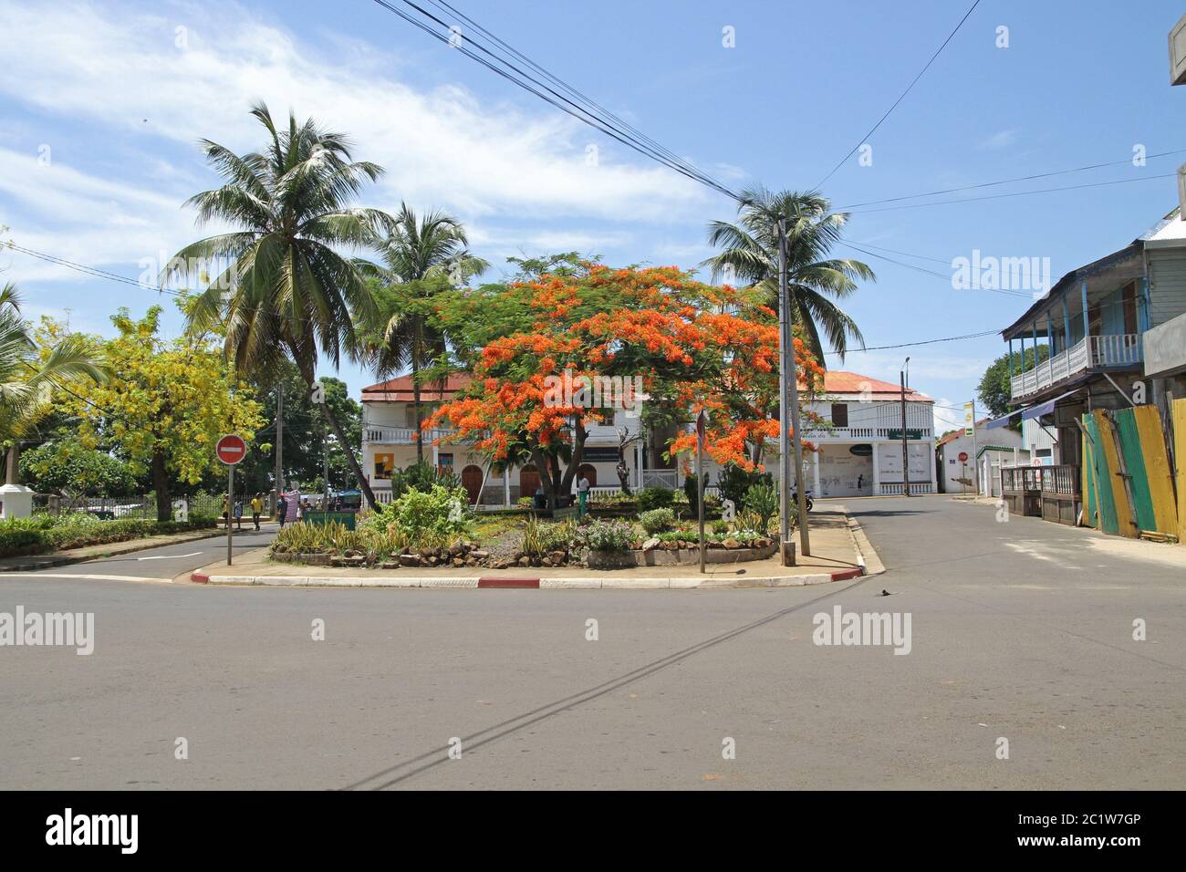 Small park with flame tree in Andoany/Hell-Ville City Centre Square ...