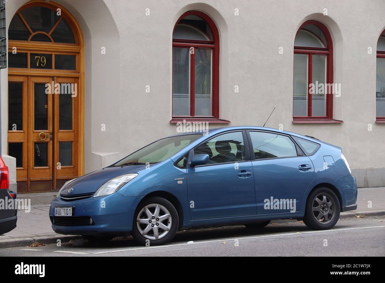 STOCKHOLM, SWEDEN - AUGUST 24, 2018: Blue Toyota Prius hybrid compact ...