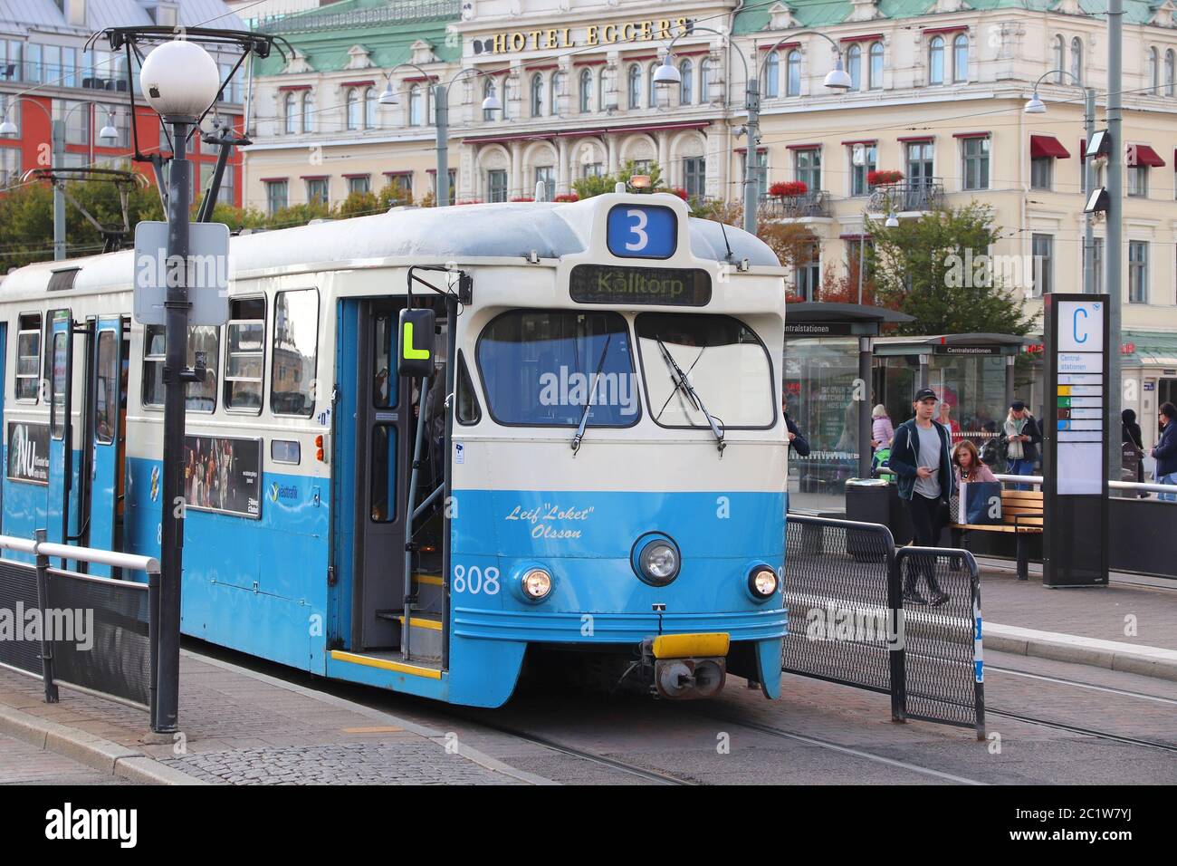 GOTHENBURG, SWEDEN - AUGUST 26, 2018: Blue tram with learner marking in ...
